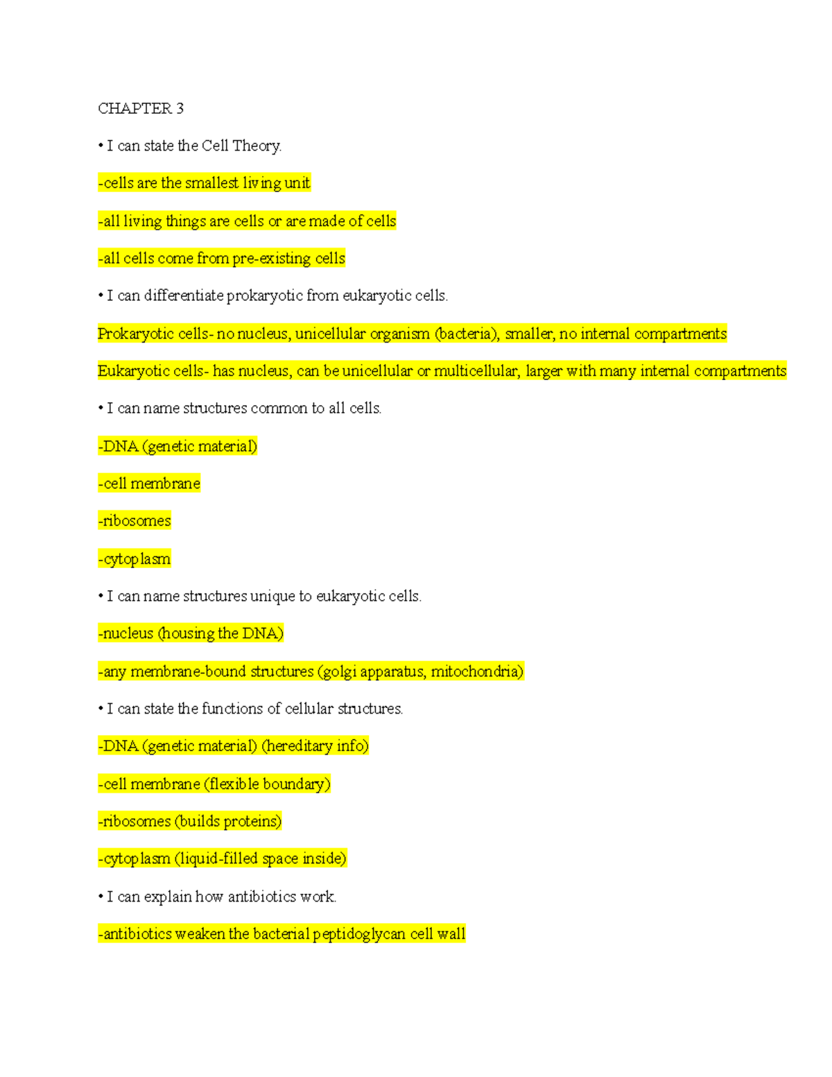 BIO TEST 3 - Study Guide for Test 3 - CHAPTER 3 I can state the Cell ...