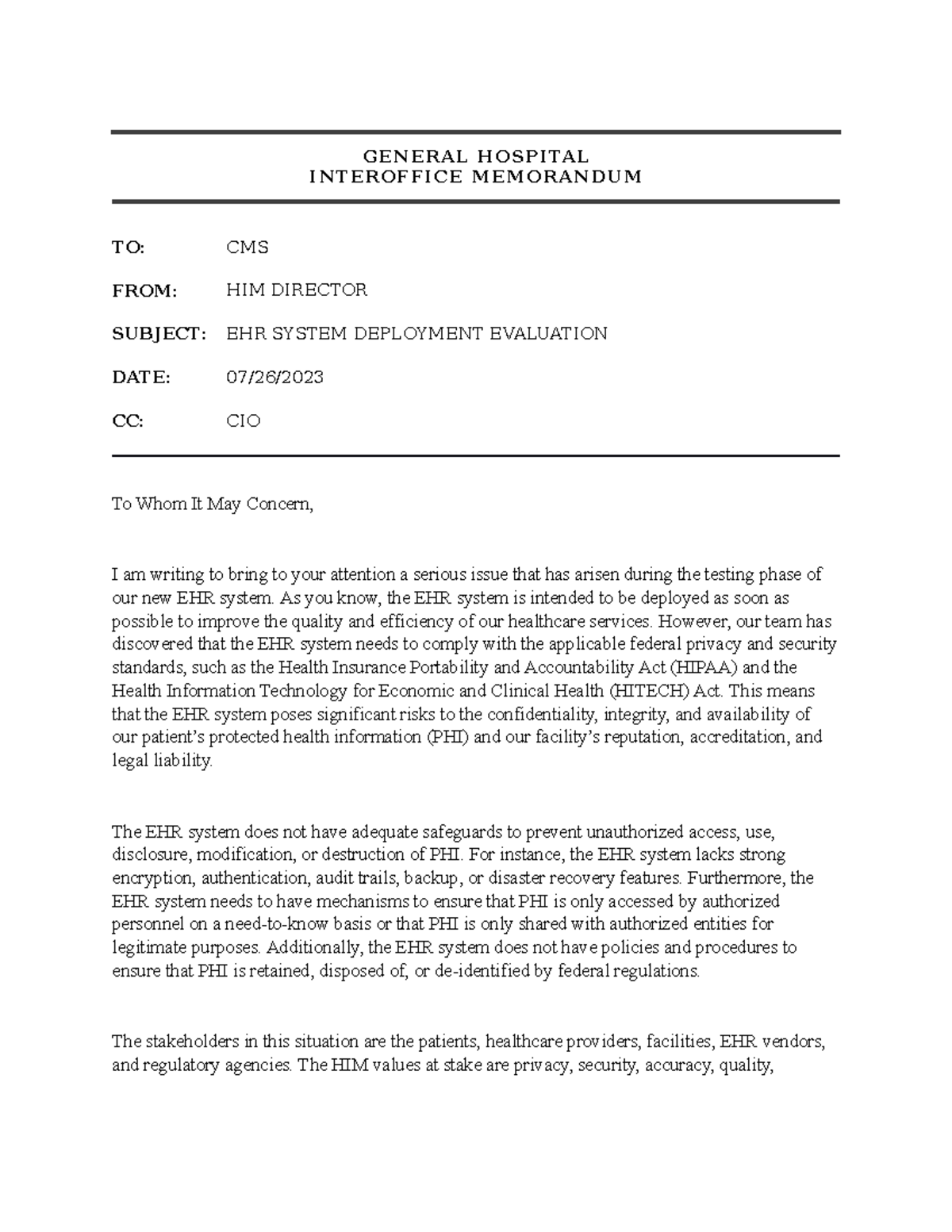 Week 4 Ethics Memo Final Draft Joseph Moore - GENERAL HOSPITAL ...