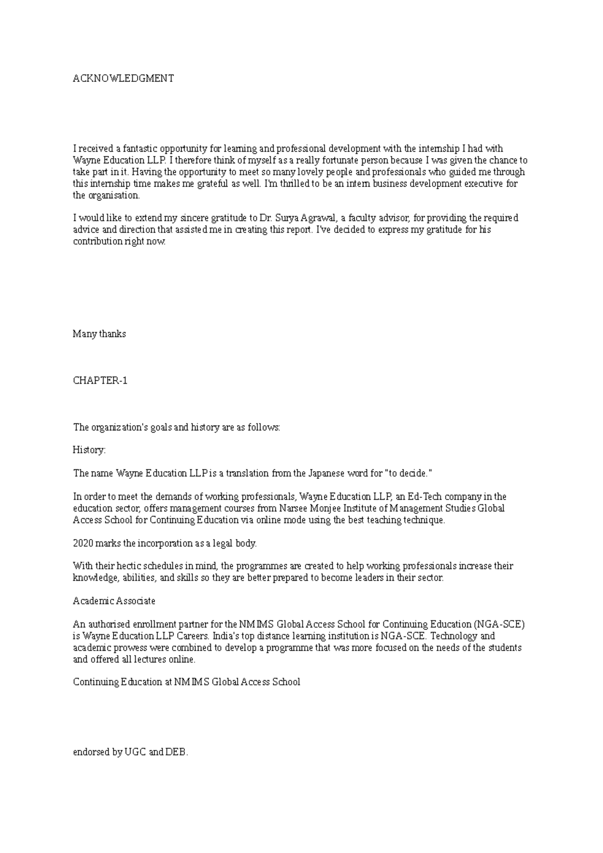 SUMMER INTERNSHIP WAYNE EDUCATION - ACKNOWLEDGMENT I received a ...