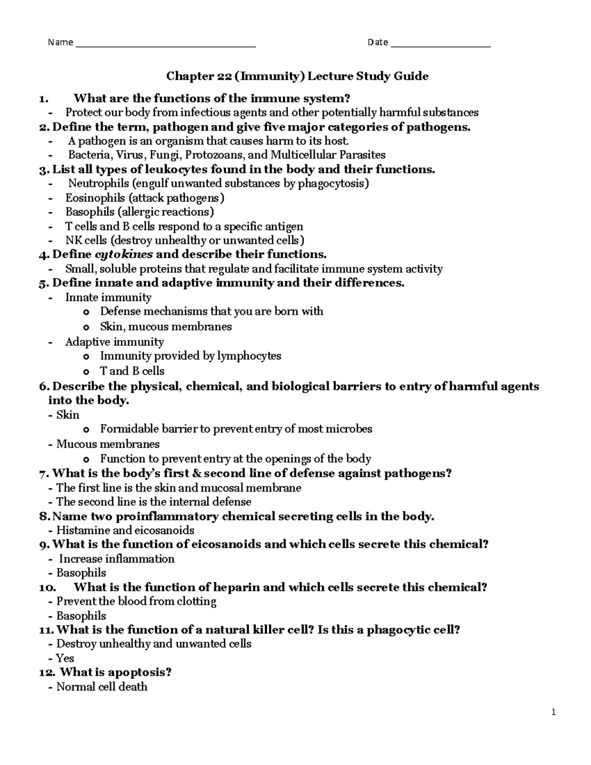 Chapter 22 Lecture Study Guide - Chapter 22 (Immunity) Lecture Study ...