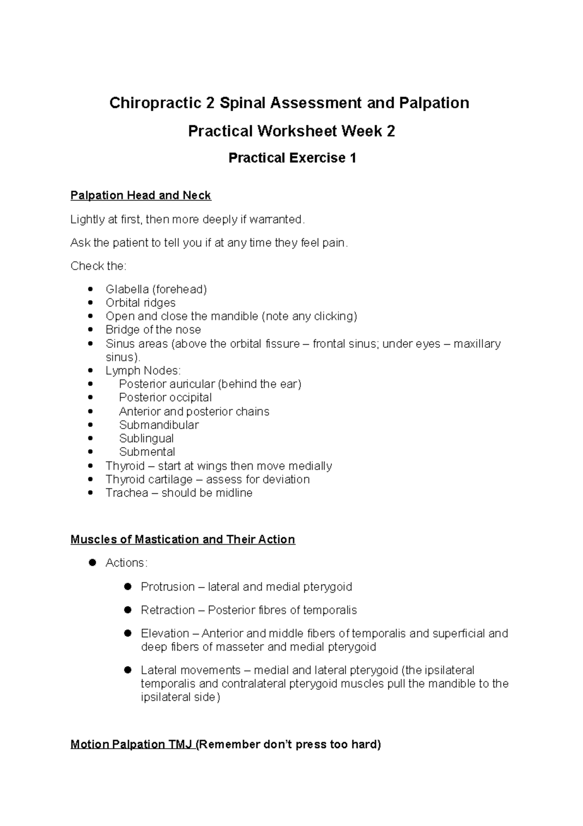 WEEK 3 Chiro PRAC Notes - Chiropractic 2 Spinal Assessment and ...
