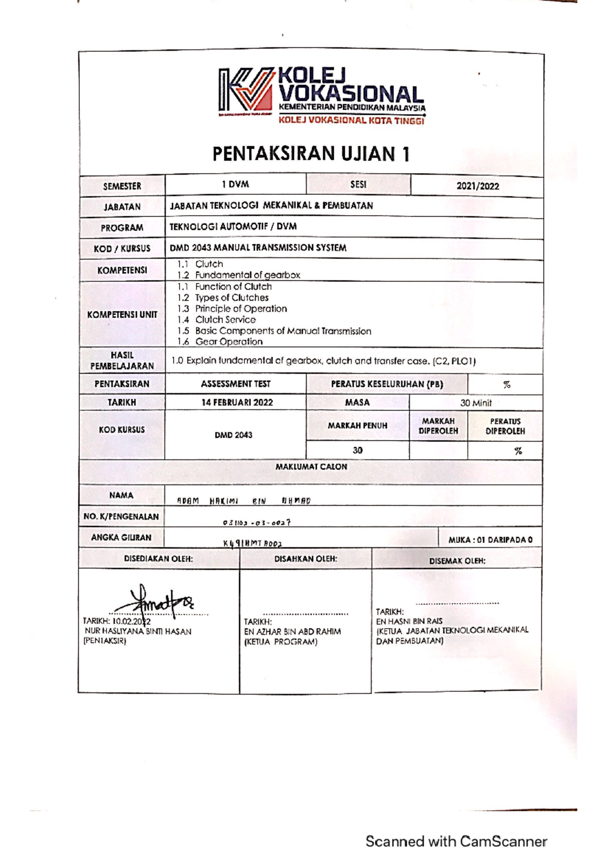 Adam hakimi (manual transmission) - Diploma Teknologi Automotif - Studocu