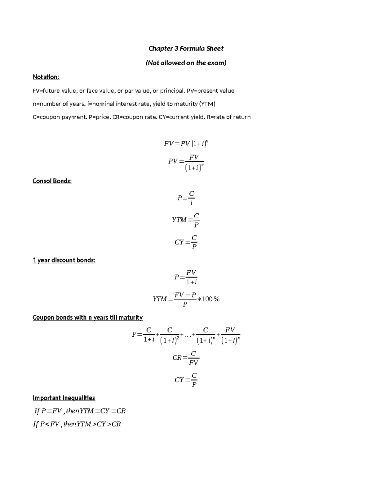 Chapter 3 Formula Sheet - Chapter 3 Formula Sheet (Not allowed on the ...