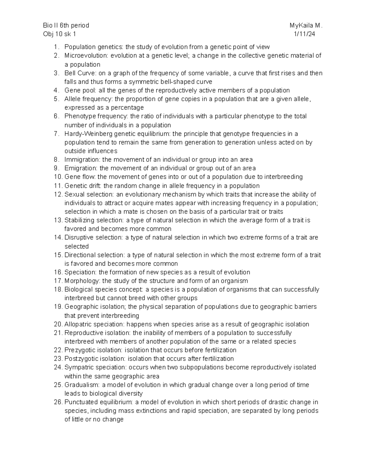 Bio II obj 10 voc - bio voc - Bio II 6th period MyKaila M. Obj 10 sk 1 ...
