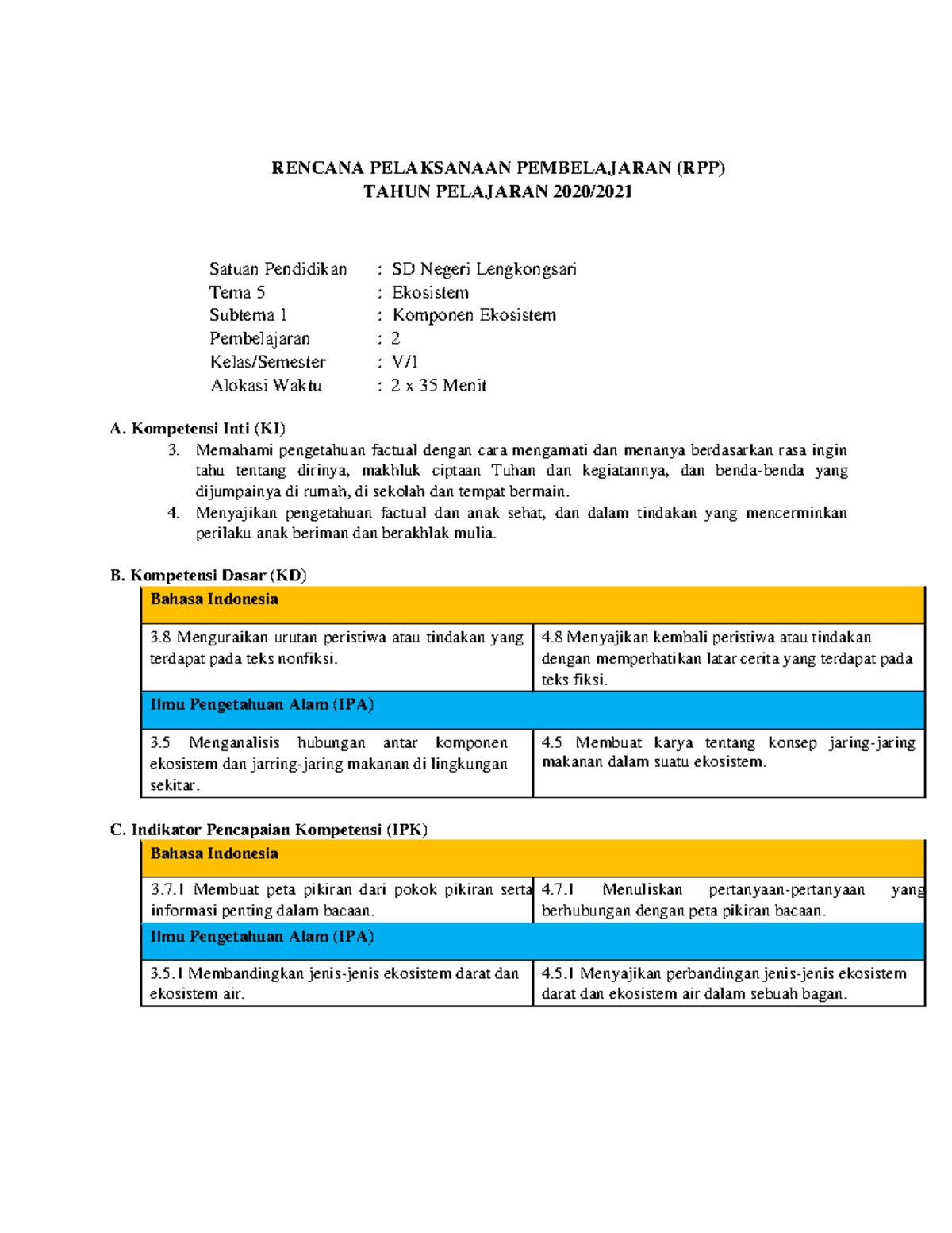 Contoh RPP SD Kelas 5 - RENCANA PELAKSANAAN PEMBELAJARAN (RPP) TAHUN PELAJARAN 2020/ Satuan ...