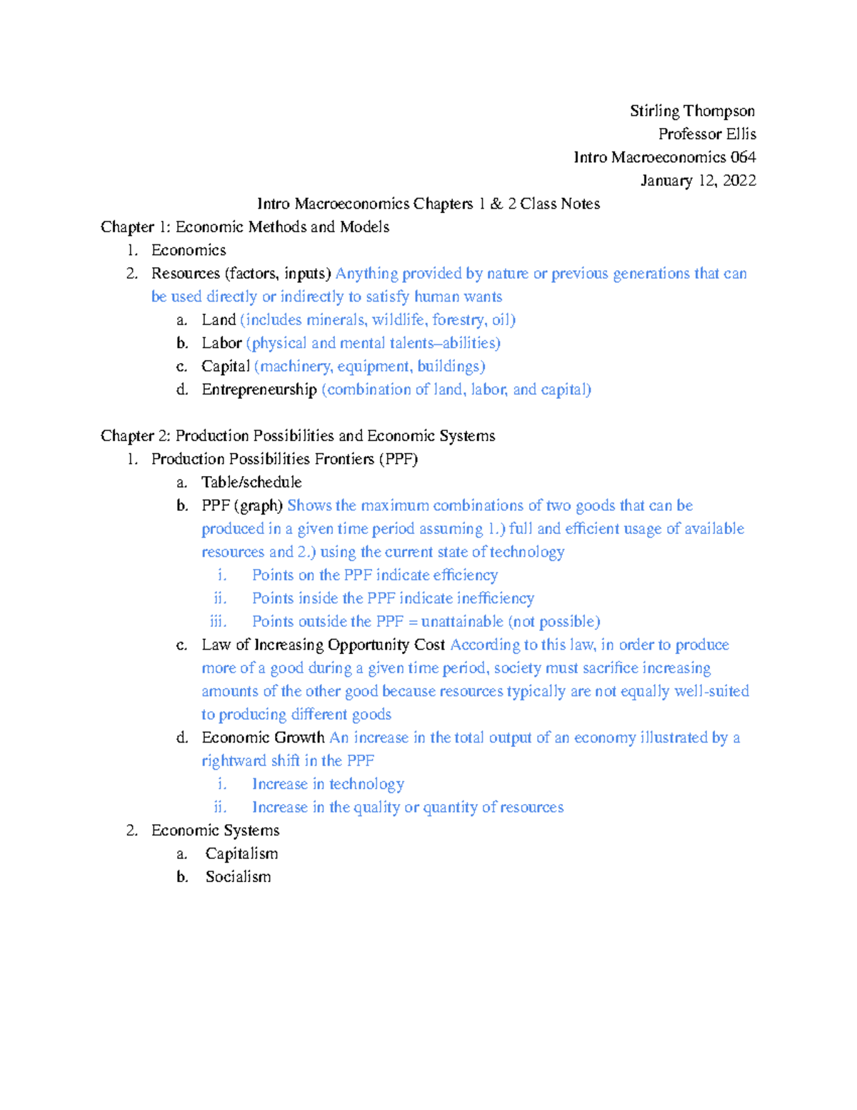 Chapters 1 and 2 Class Notes - Stirling Thompson Professor Ellis Intro ...