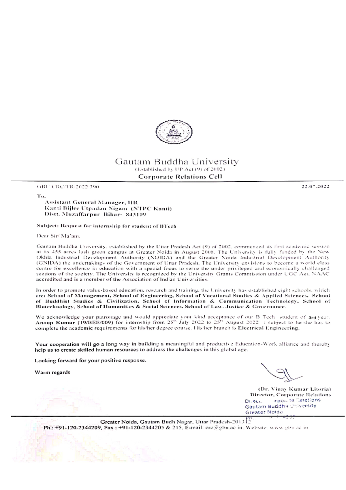 Internship letter - Bachalors in law - Studocu