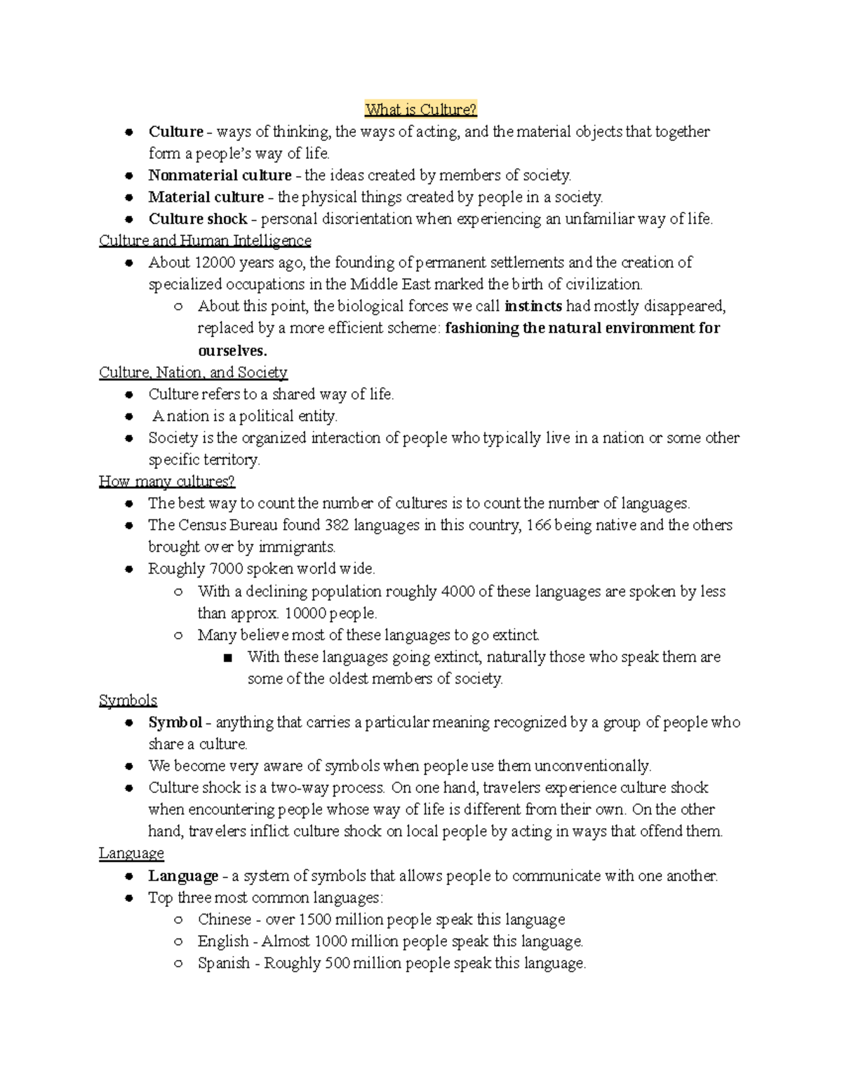 Sociology Chapter 3 Notes - What is Culture? Culture - ways of thinking ...