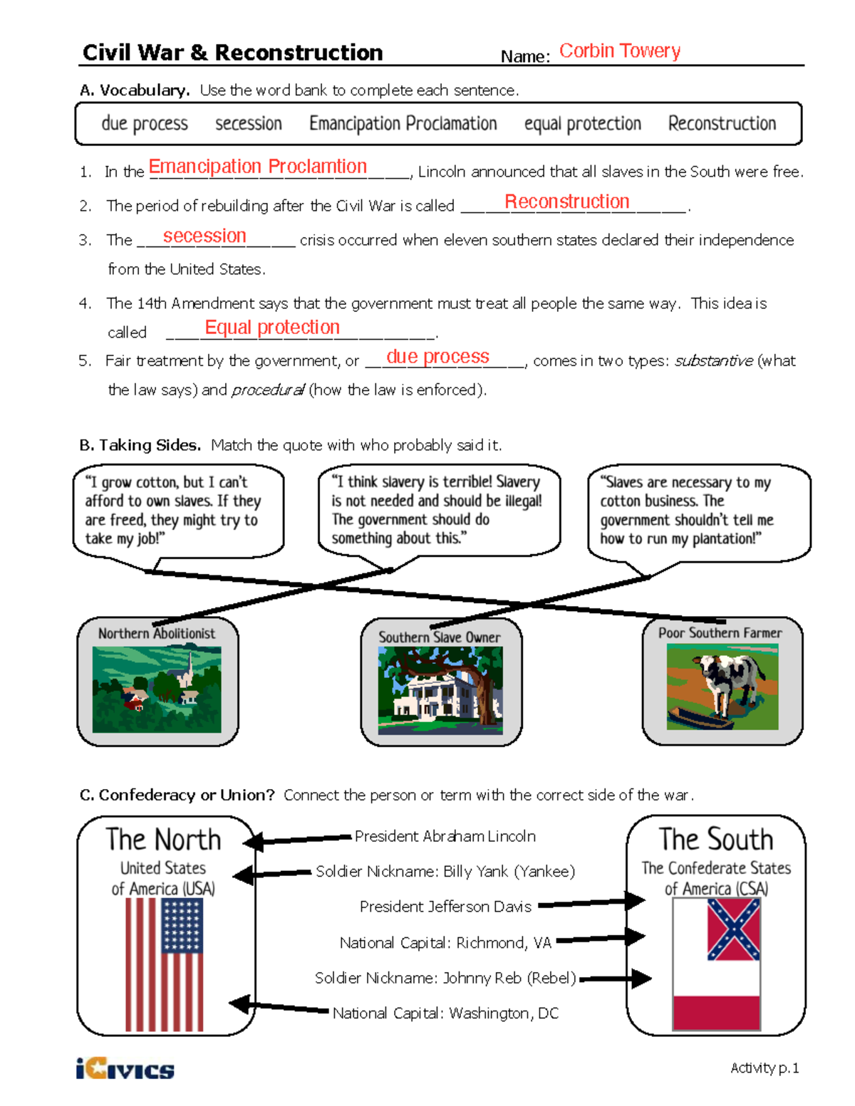 Civil War and Reconstruction Worksheet - Activity p. 1. In the