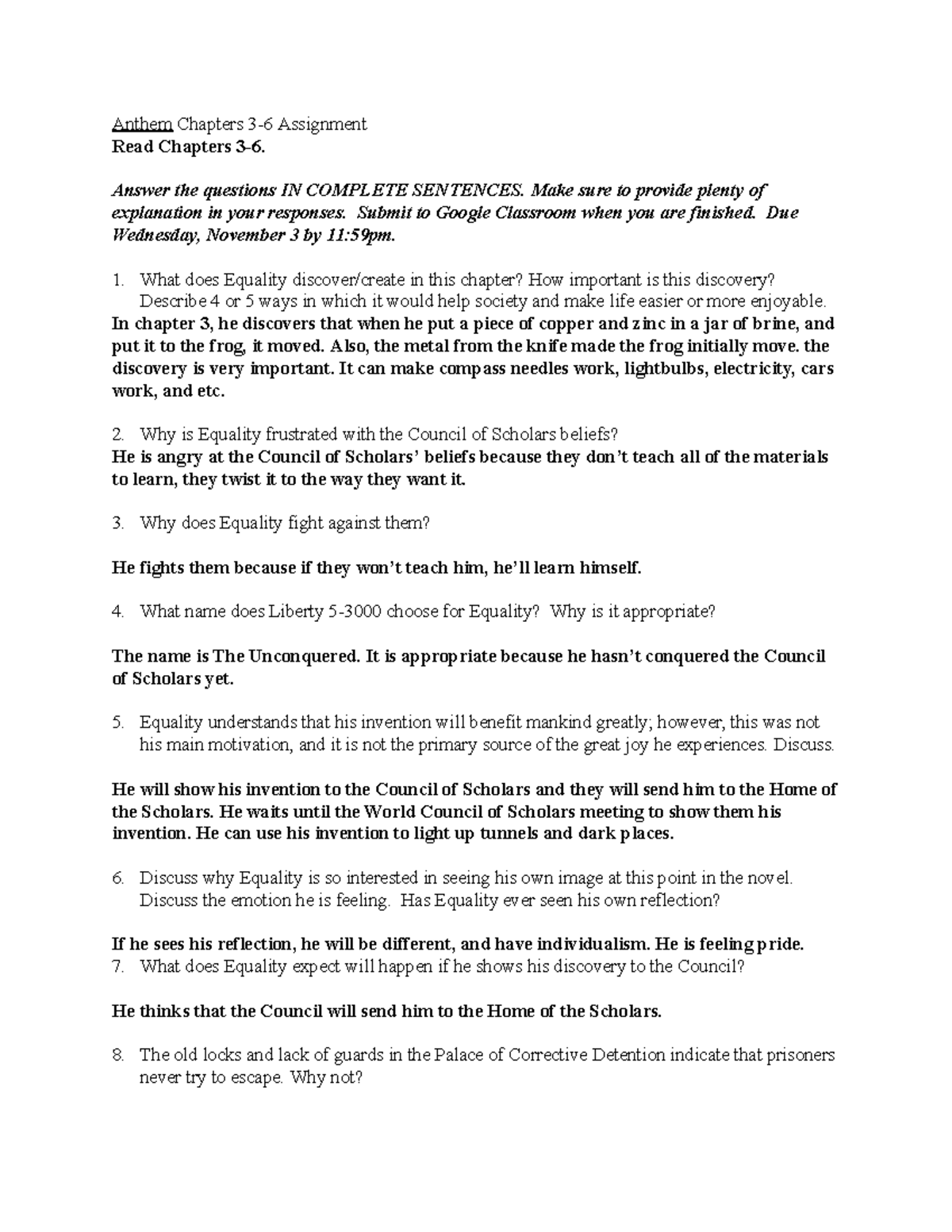 Anthem Ch 3-6 Discussion Questions - Anthem Chapters 3-6 Assignment ...