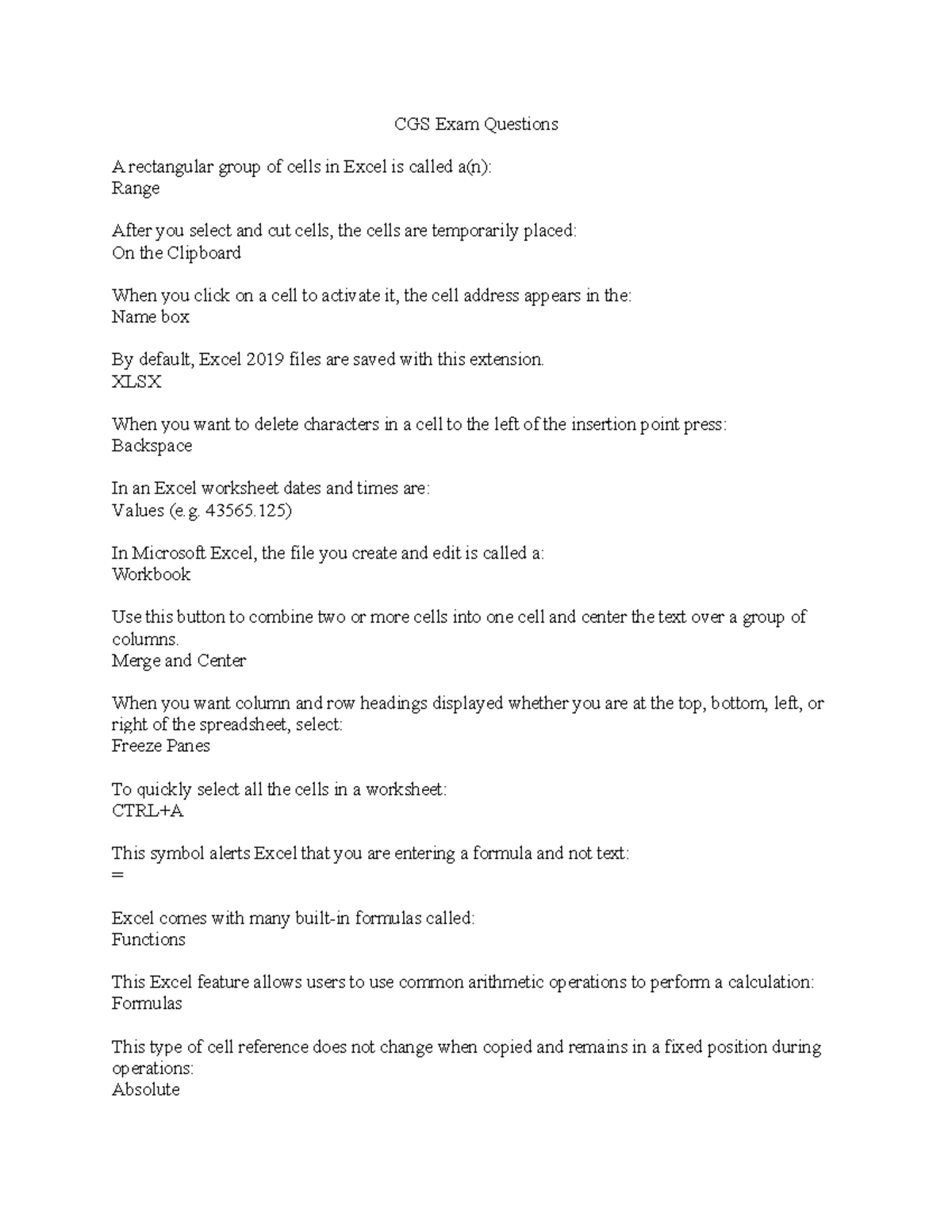 CGS Exam Questions - Exam 1 multiple choice - CGS Exam Questions A ...