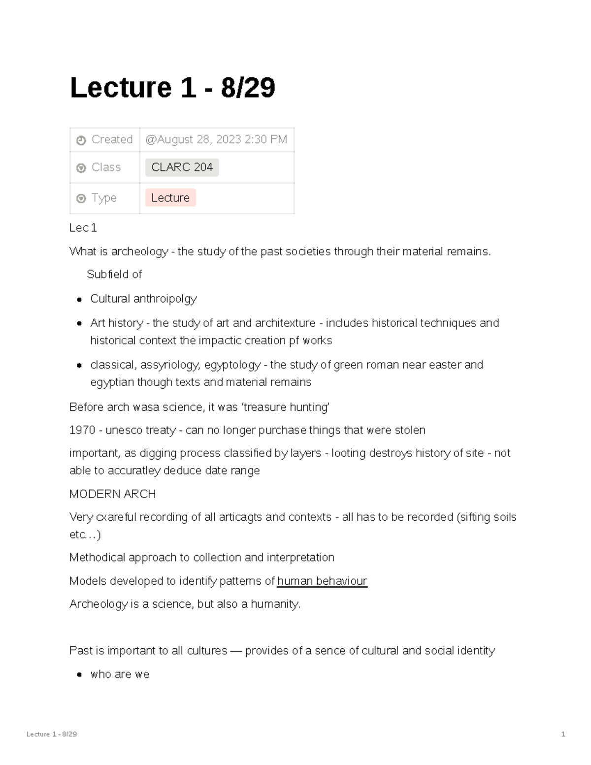 Lecture 1 - 8/25 - Lecture 1 - 8/ Created Class CLARC 204 Type Lecture Lec 1 What is archeology ...