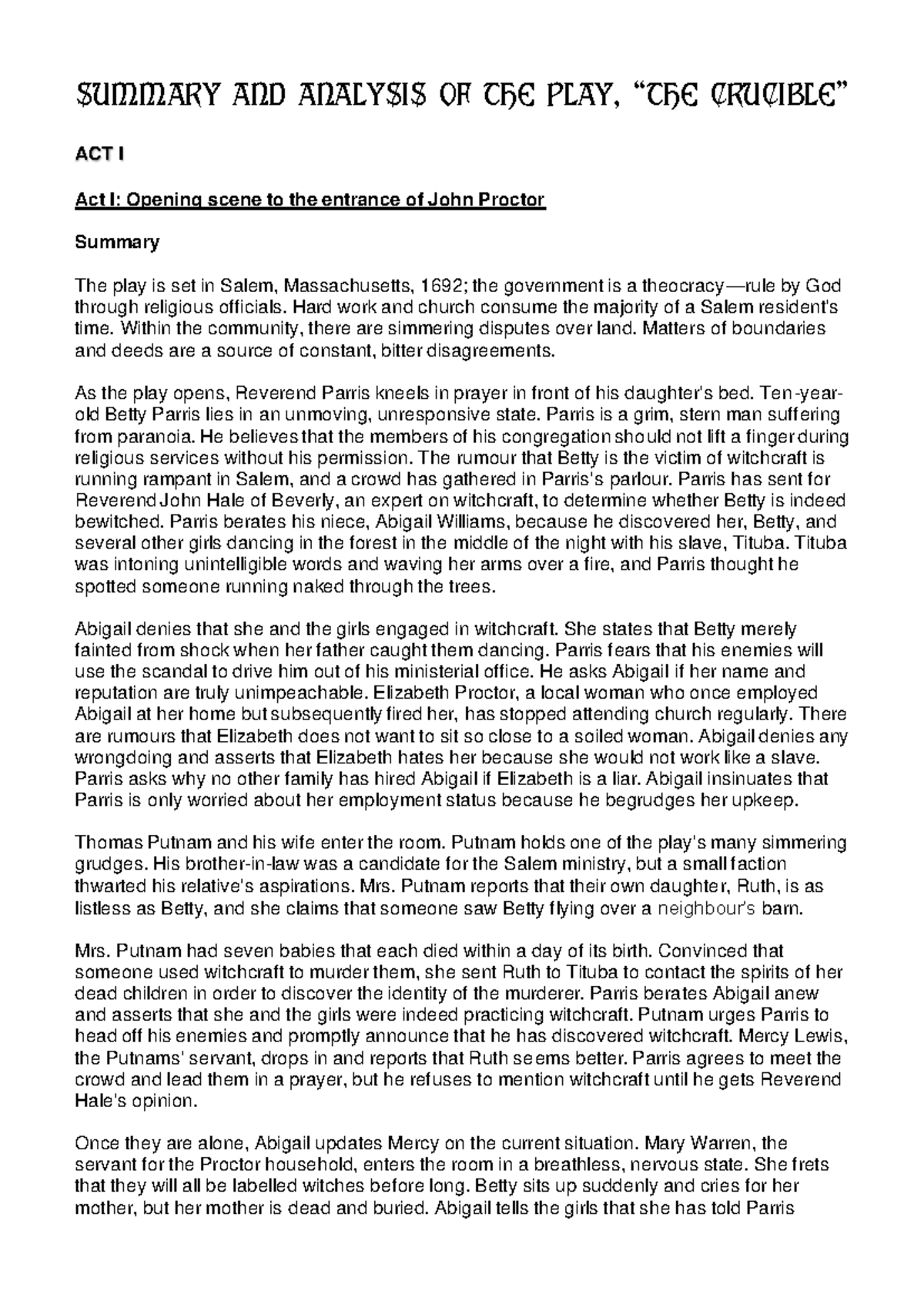 Summary AND Analysis OF THE PLAY - SUMMARY AND ANALYSIS OF THE PLAY ...