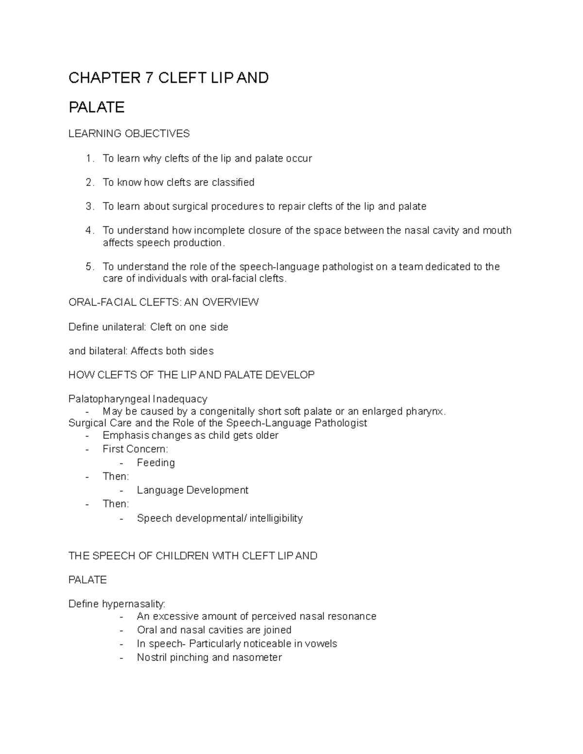 Chapter 7 Cleft LIP AND - Liz Develder is the teacher, these are notes ...