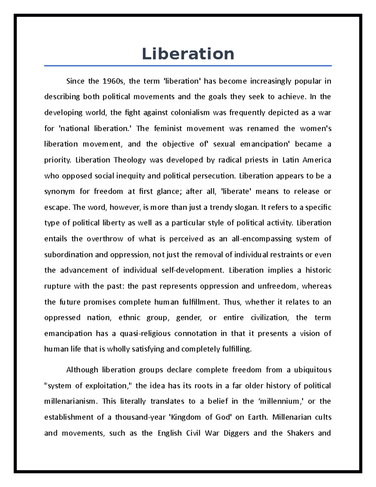 Brief Note on Liberation - Liberation Since the 1960s, the term ...