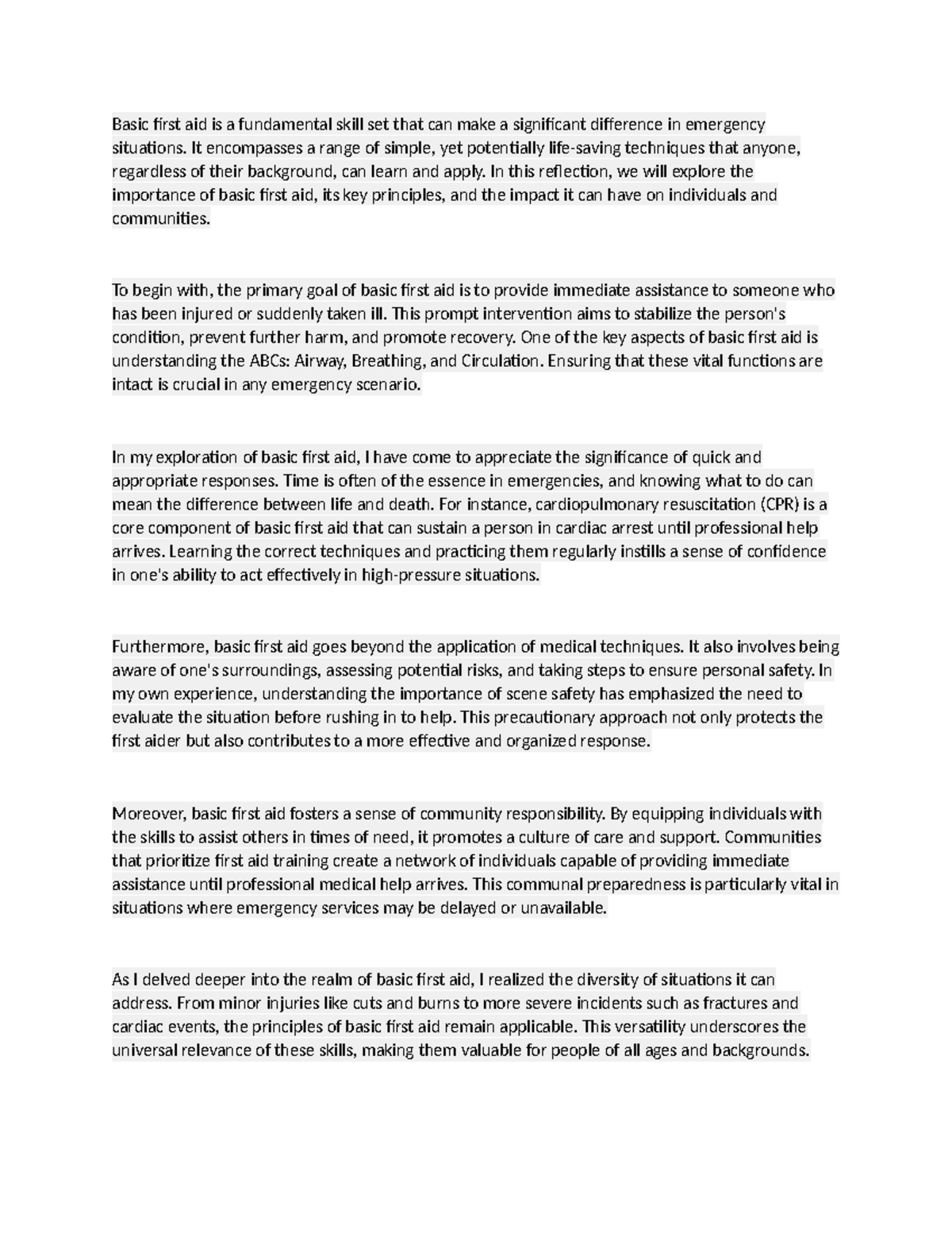 Reflection Final Output - Basic first aid is a fundamental skill set ...