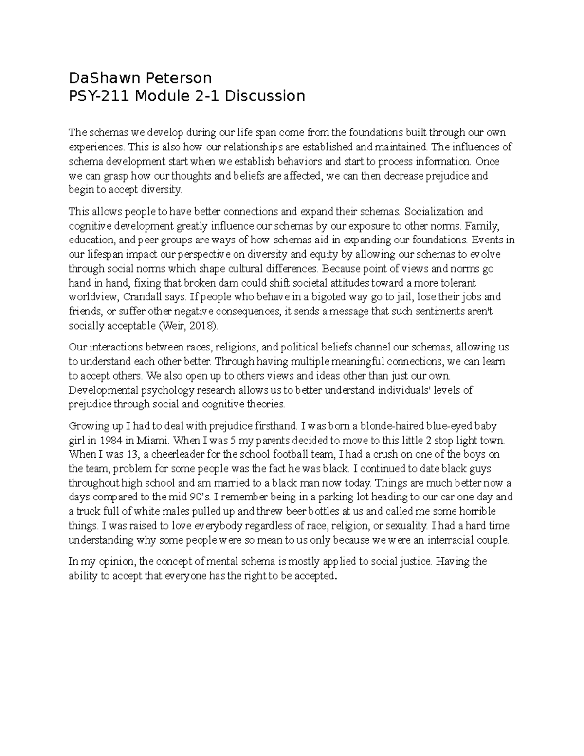 PSY 211 Mod 2 Discussion - DaShawn Peterson PSY-211 Module 2-1 ...