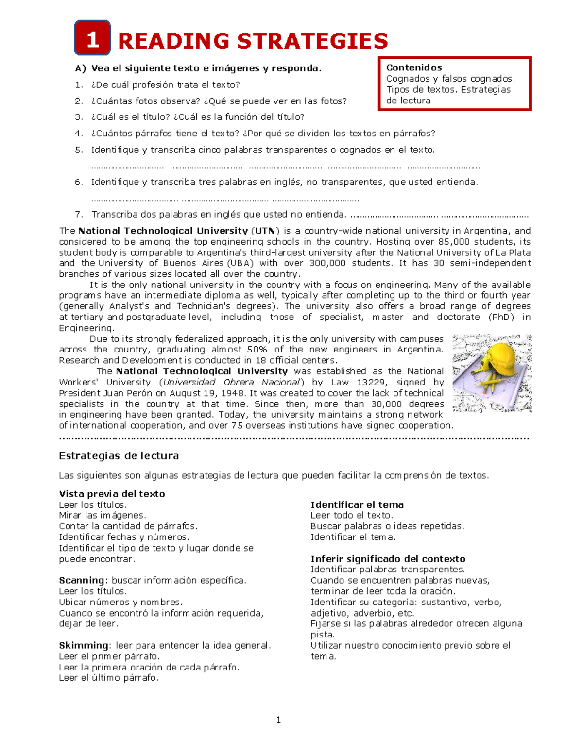 Unit 1 Reading Strategies - READING STRATEGIES A) Vea el siguiente ...