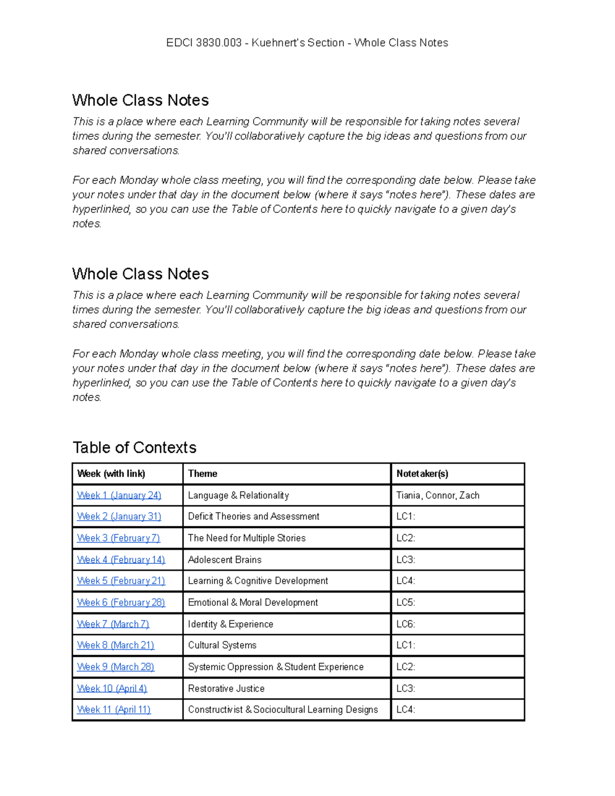 EDCI 3830 - LC4 Class Notes - Whole Class Notes This is a place where ...