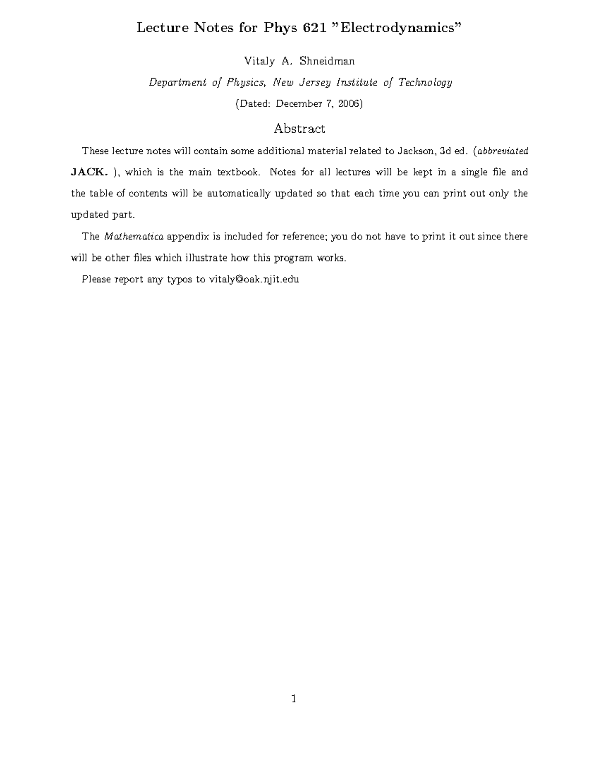 Electrodynamics Notes - Lecture Notes for Phys 621 ”Electrodynamics ...