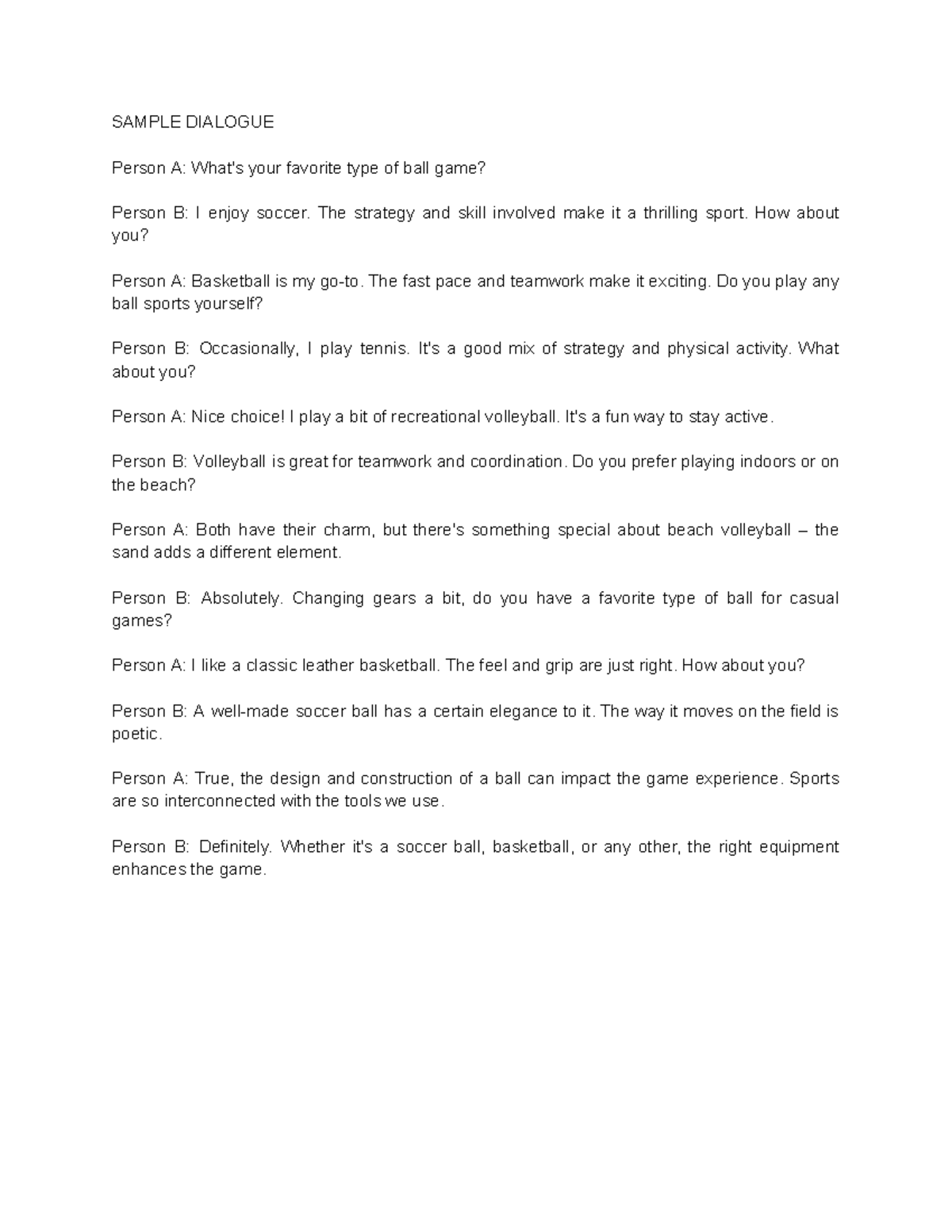 Dialogue Sample - Practice Materials for Creating A Dialogue - SAMPLE ...