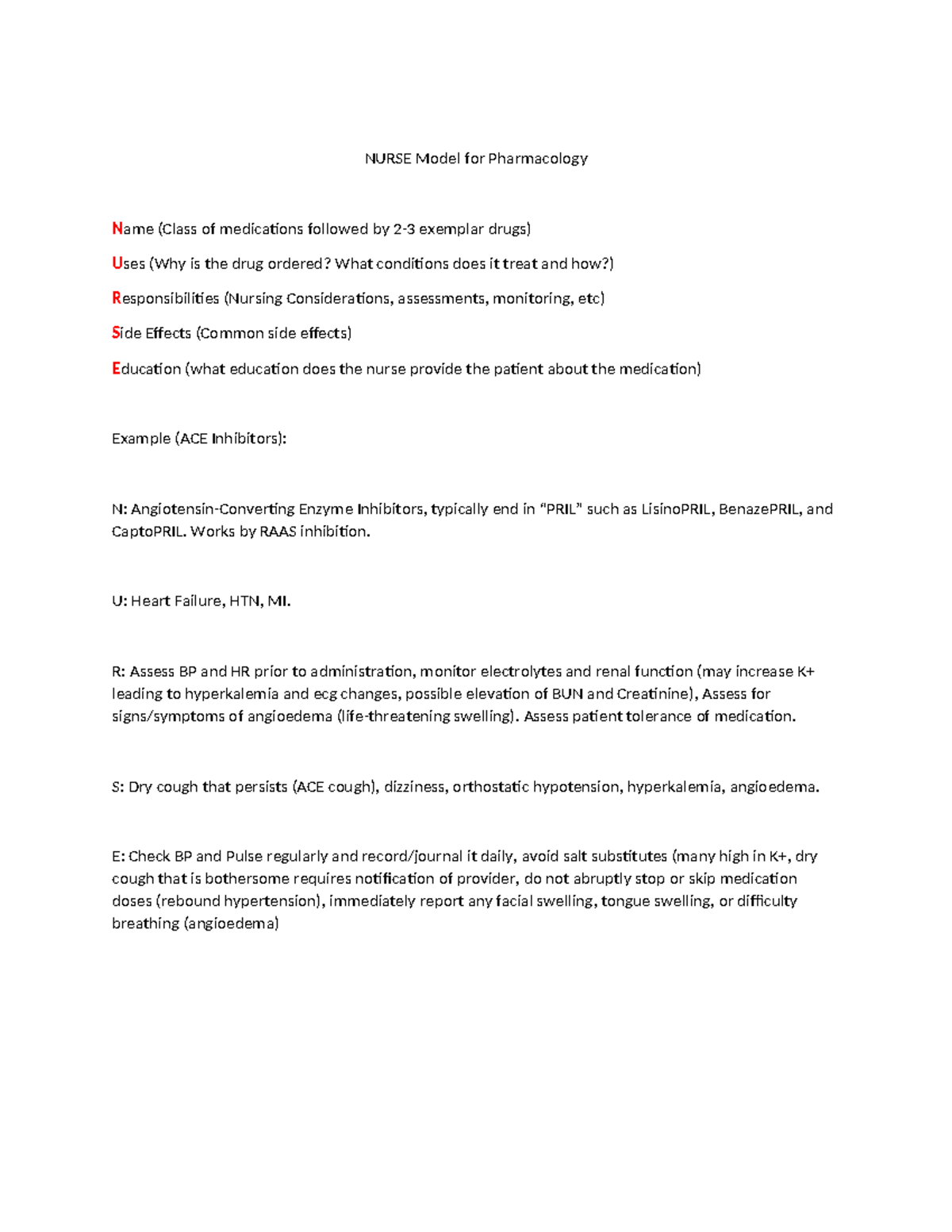 Nurse Medication - NURSE Model for Pharmacology Name (Class of ...