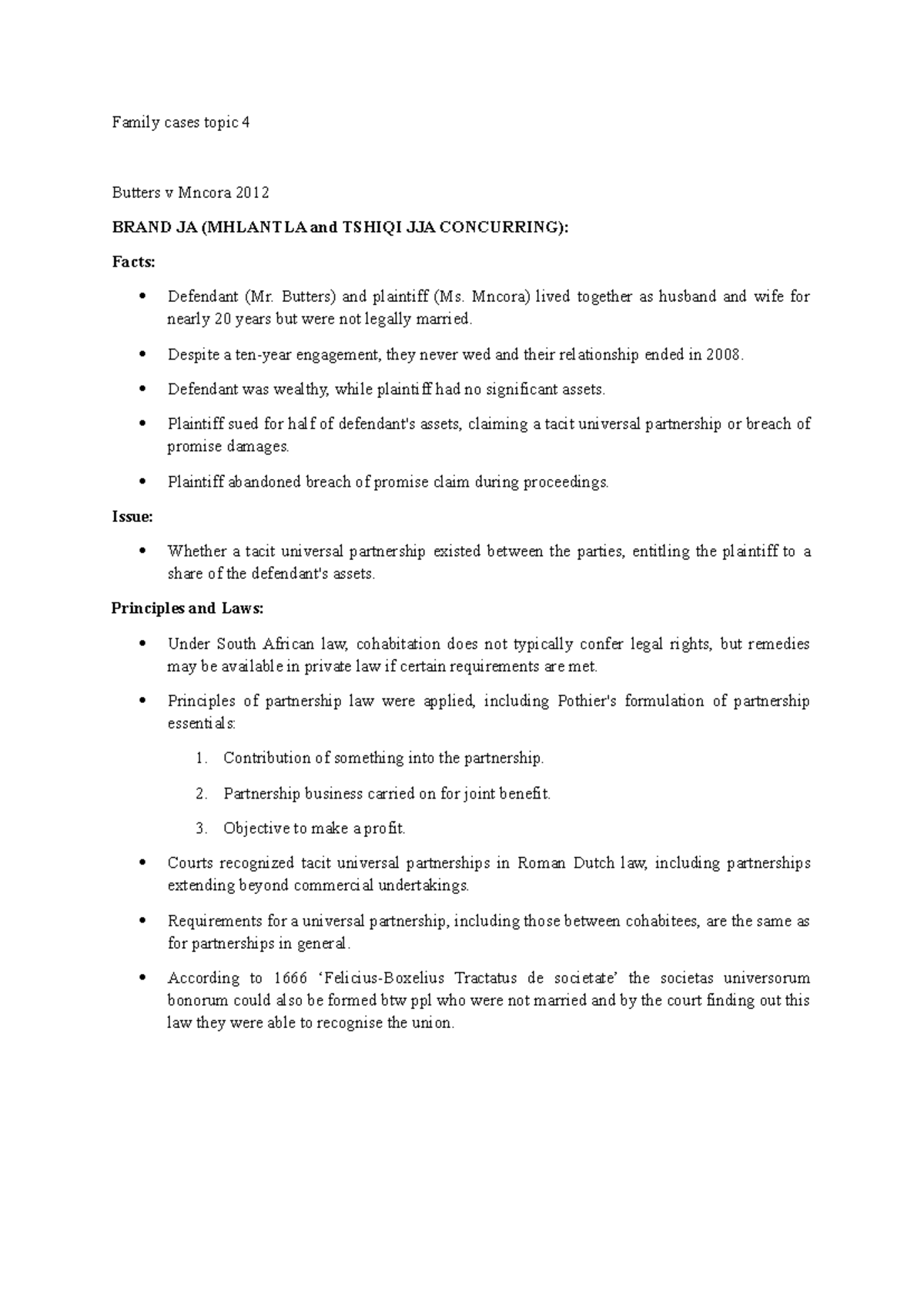Topic 4 cases - Summary Family Law - Family cases topic 4 Butters v ...