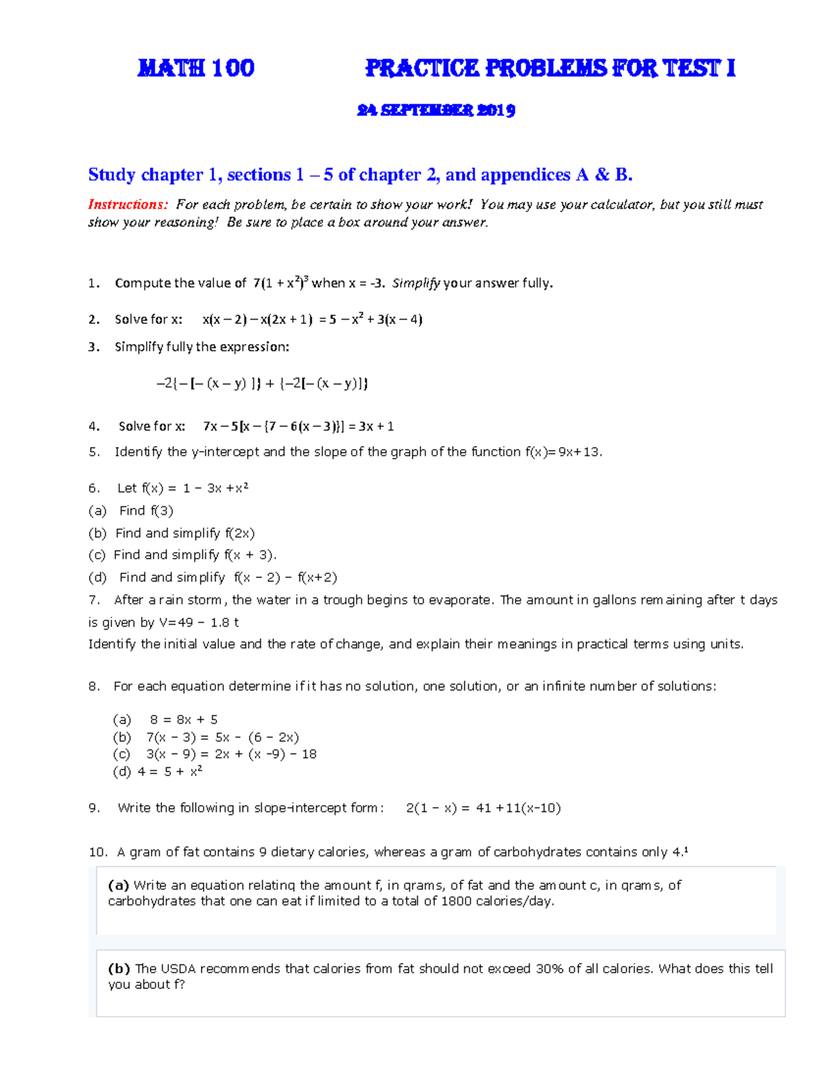 Test1prep - prep for math 100 tests - MATH 100 Practice problems for ...
