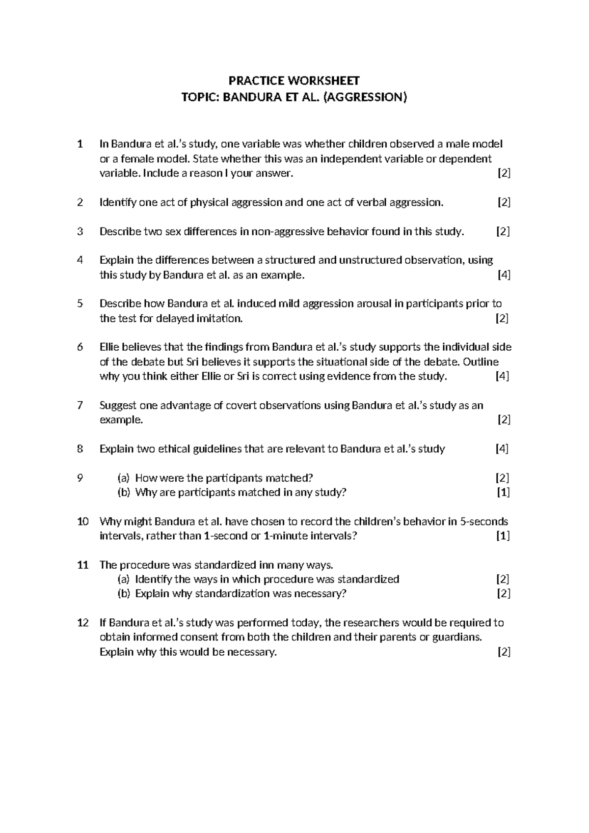 Bandura et al.- practice worksheet - PRACTICE WORKSHEET TOPIC: BANDURA ...