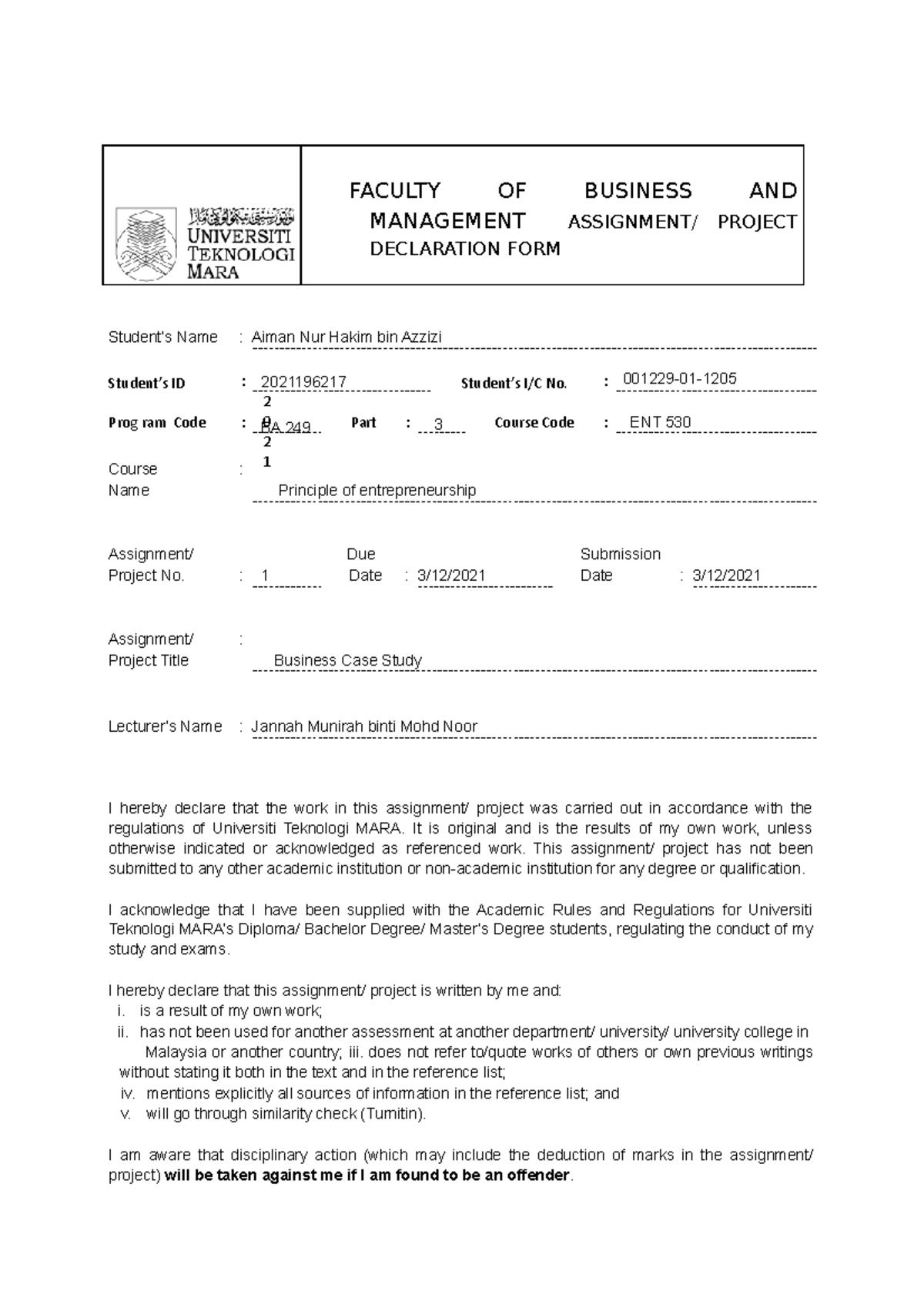 ENT Group Project Ind - FACULTY OF BUSINESS AND MANAGEMENT ASSIGNMENT ...