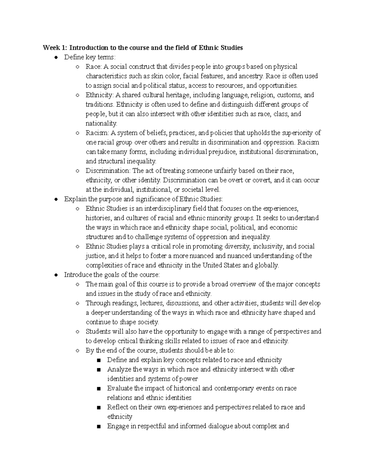 ETST 001 Introduction to the Study of Race and Ethnicity Lecture Notes ...