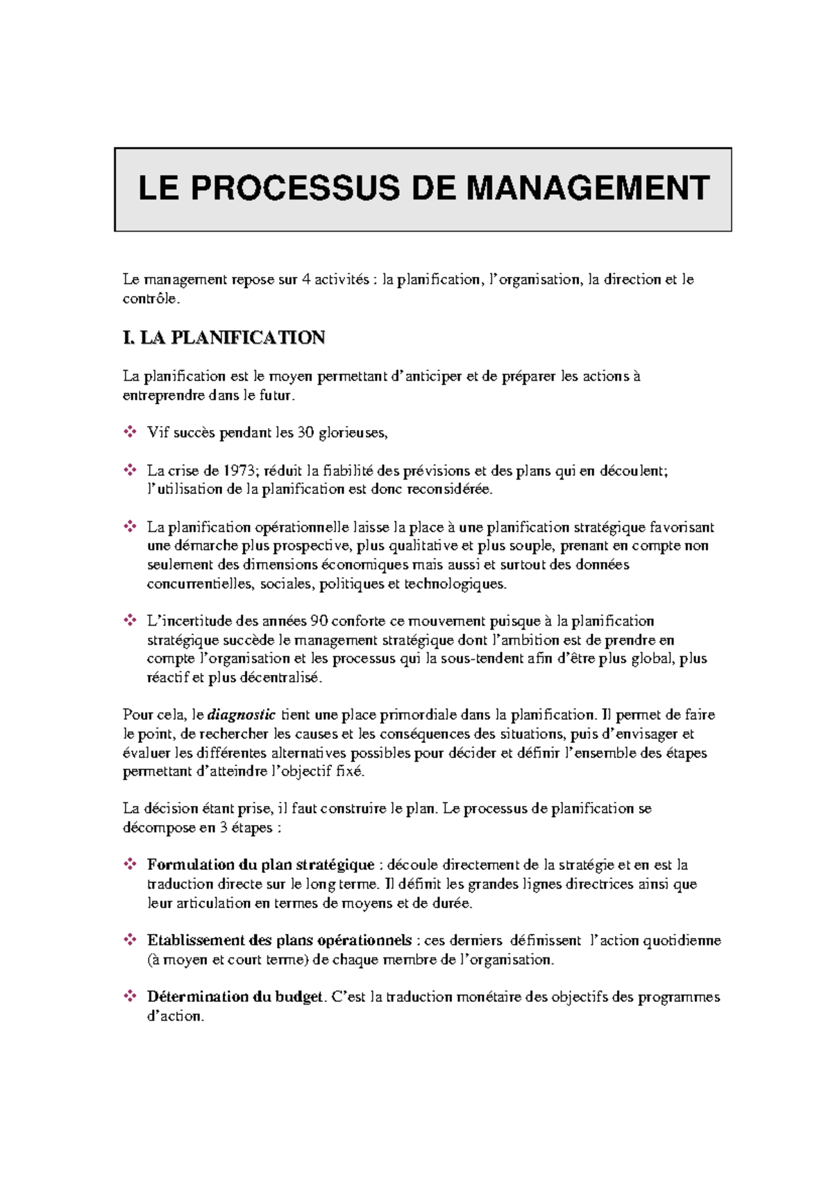 Le processus de management - Le management repose sur 4 activités : la ...