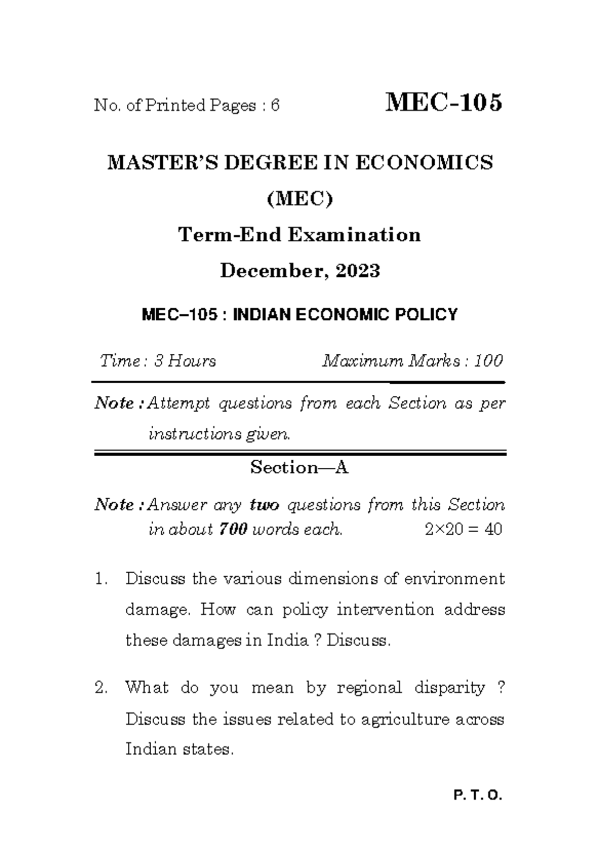 MEC-105 - MEC 105 Indian economic policy December 2023 question paper ...