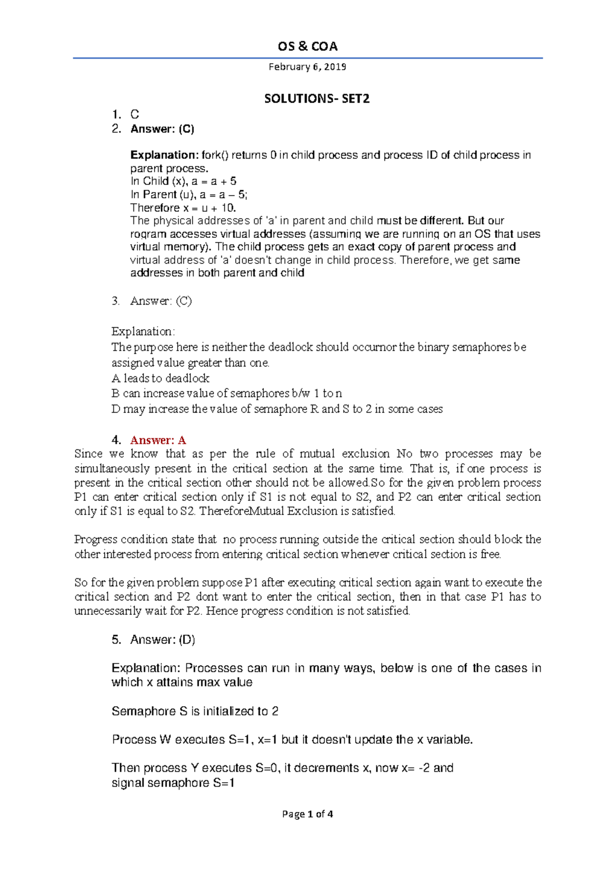 CCW Solution SET 2 FOR OS AND COA - February 6, 2019 SOLUTIONS- SET 1. C 2. Answer: (C ...