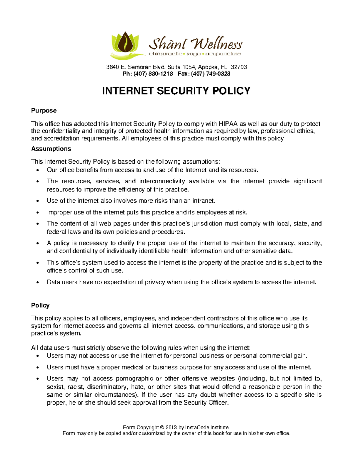 Internet Security Policy - Form Copyright © 2013 by InstaCode Institute ...
