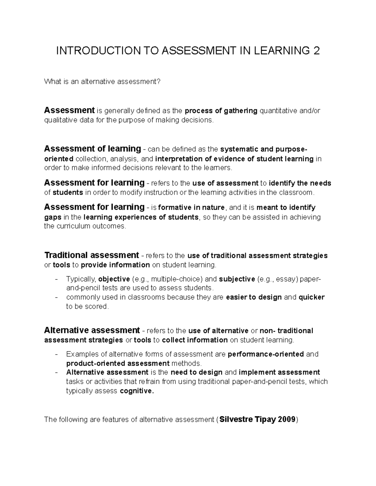 Introduction TO Assessment IN Learning 2 - INTRODUCTION TO ASSESSMENT ...