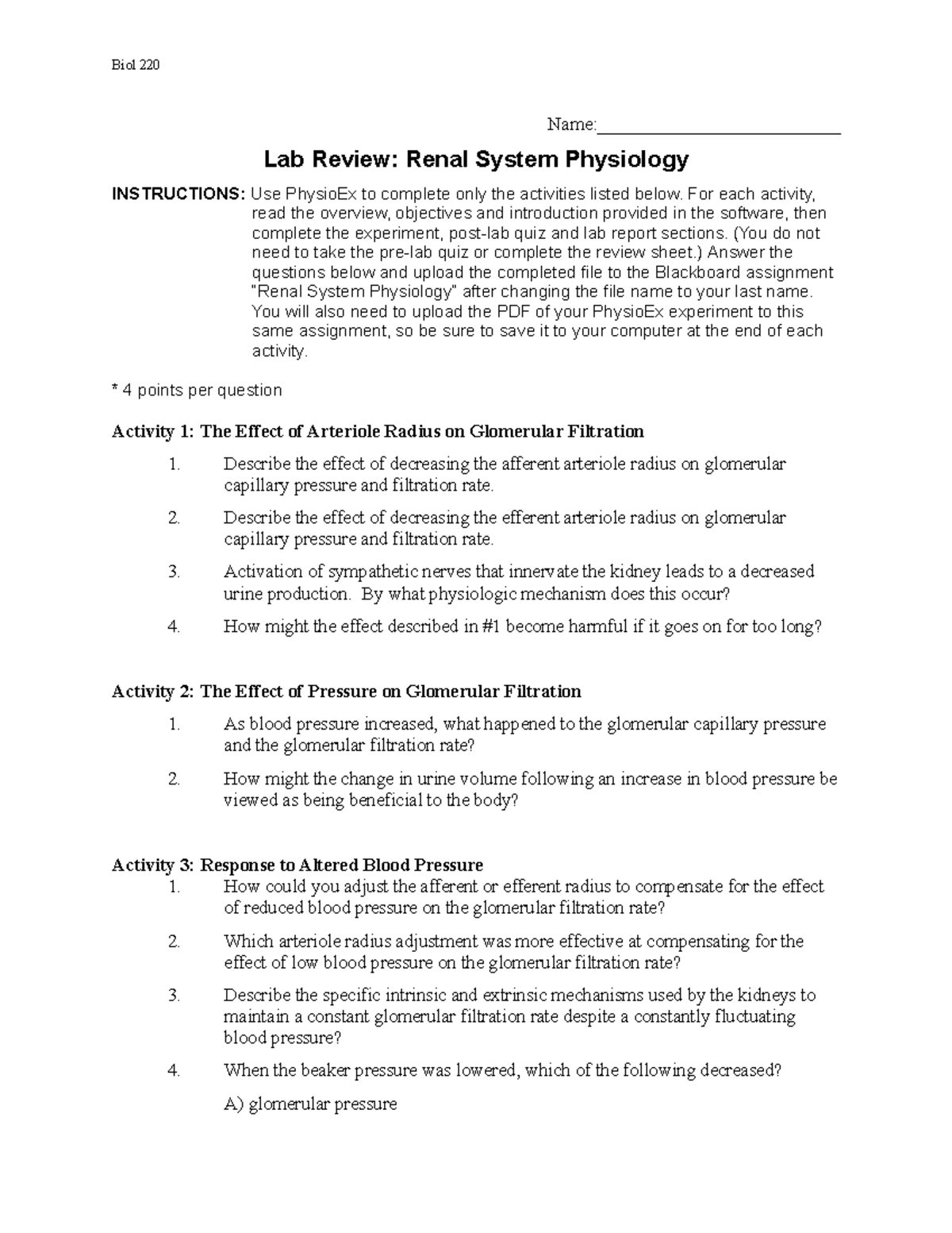 Renal System Physiology - Biol 220 Name:__________________________ Lab Review: Renal System ...