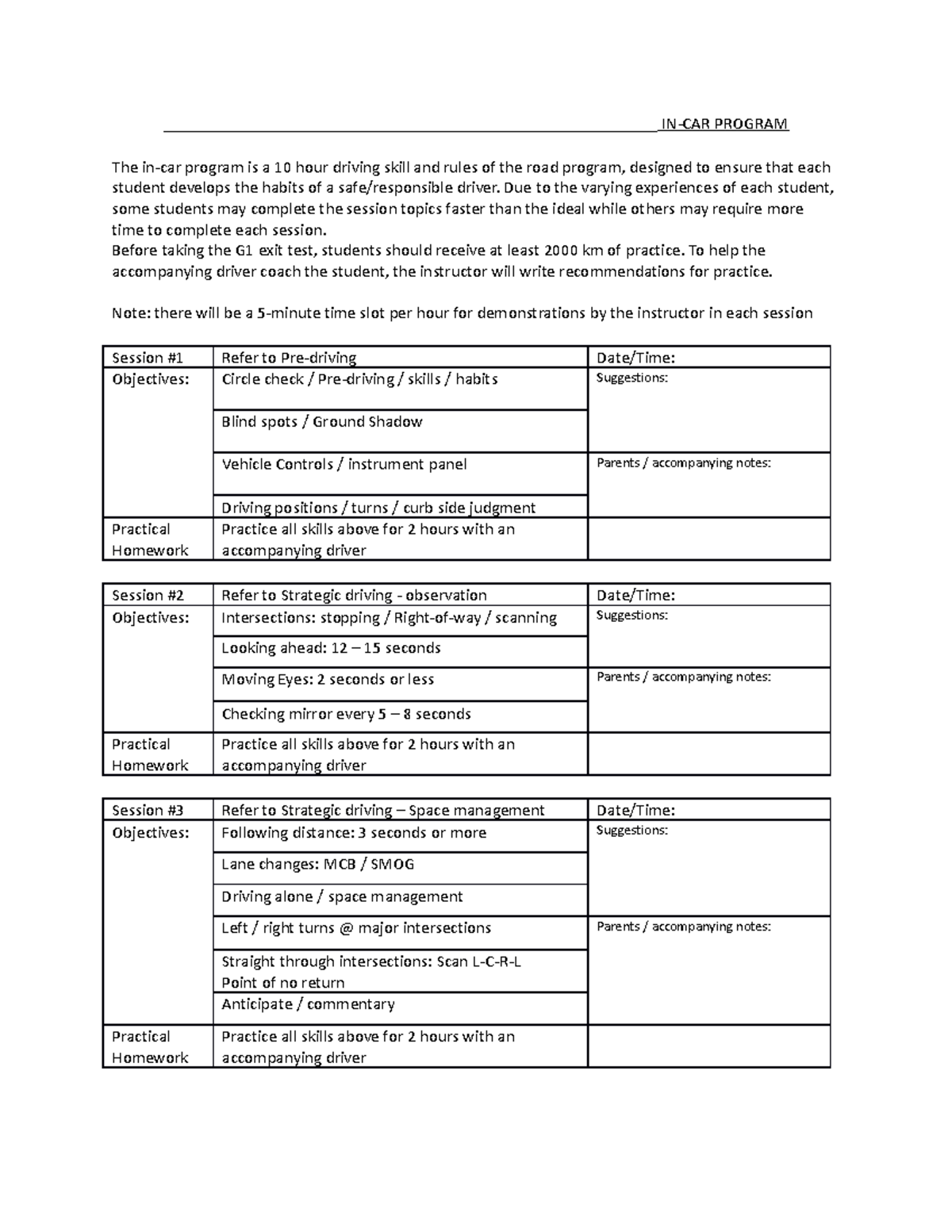 In-Car Program Chart - Just a checklist