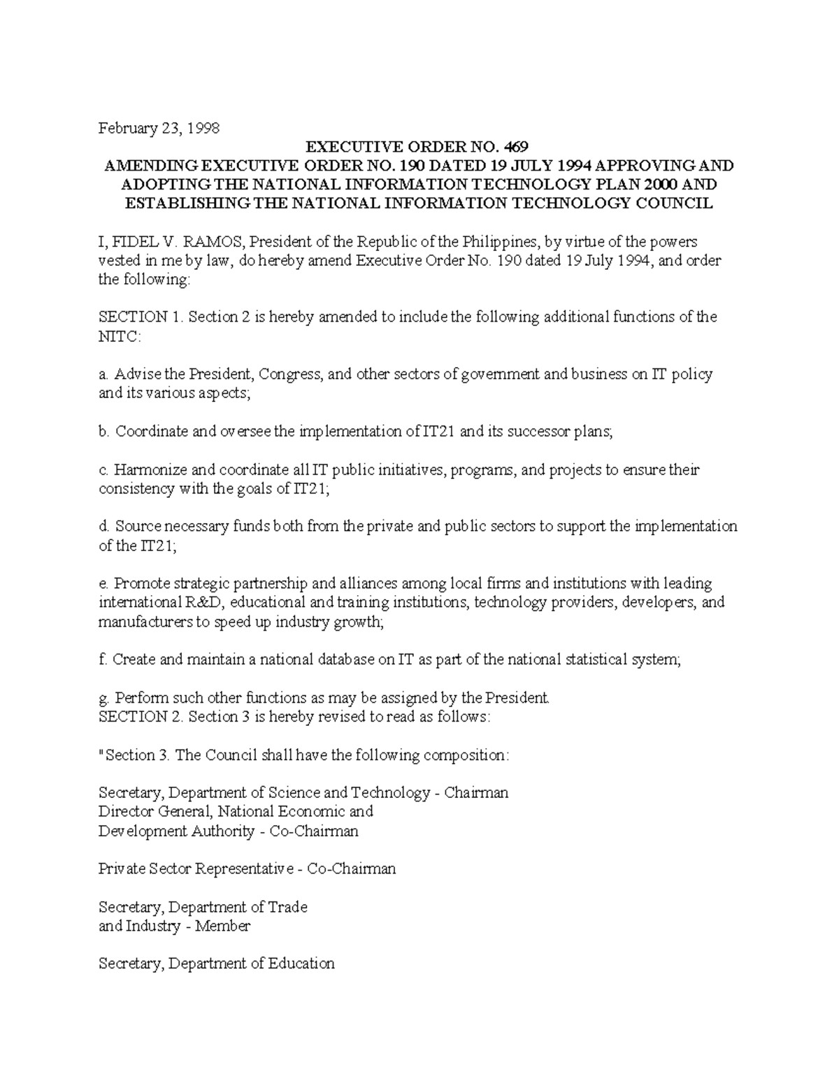 Eo469 - AMENDING EXECUTIVE ORDER NO. 190 DATED 19 JULY 1994 APPROVING ...