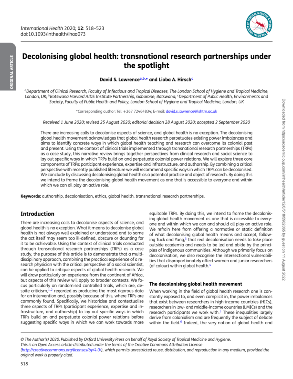 Decolonising global health - BIOL20000 - Studocu