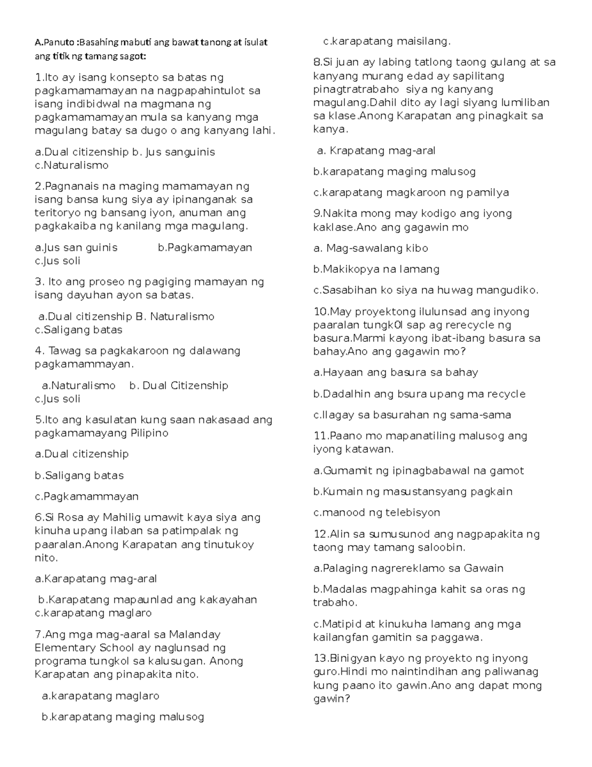 Ap-long-quiz - Summary Araling Panlipunan - A :Basahing mabuti ang ...