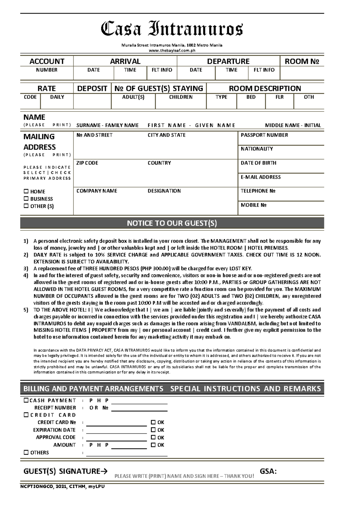 Registration CARD CASA Intramuros B - NCPTIONGCO, 2021, CITHM, myLPU ...