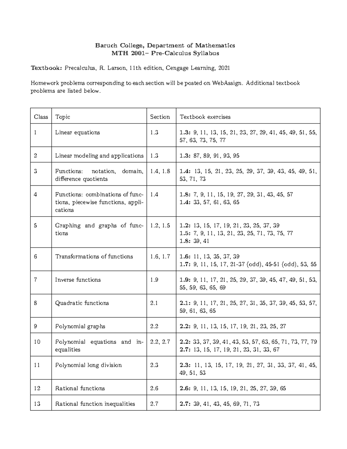 Departmental syllabus - Baruch College, Department of Mathematics MTH ...