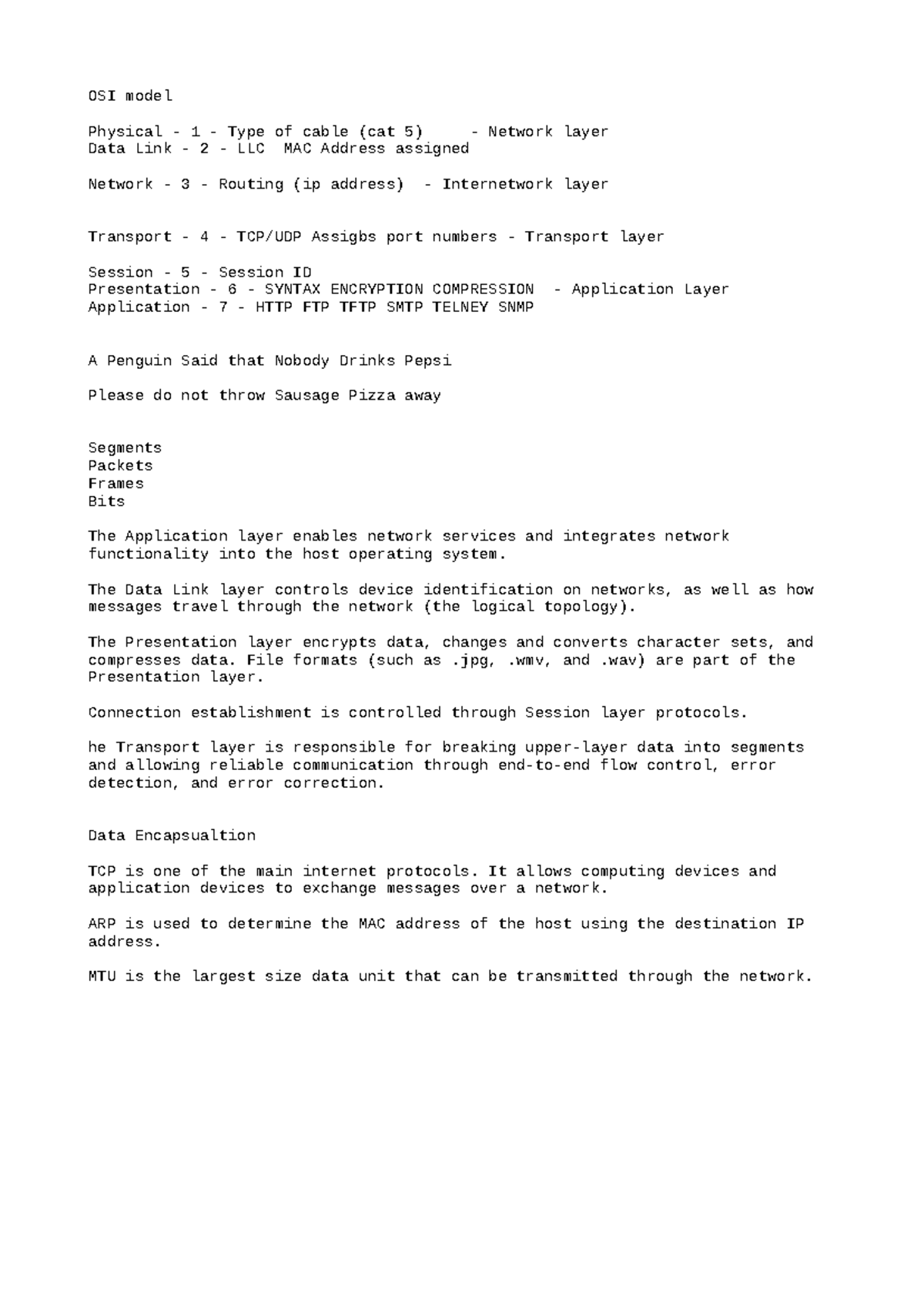OSI model - OSI model Physical - 1 - Type of cable (cat 5) - Network ...