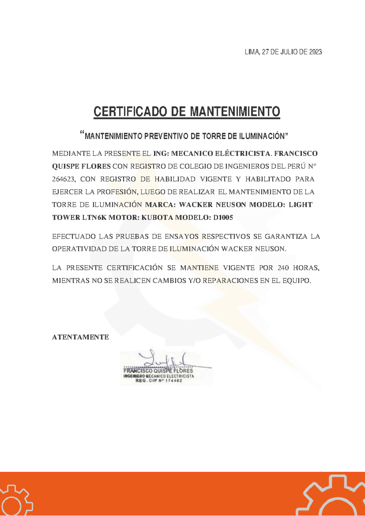 Certificado DE Mantenimiento Torre DE Iluminación - LIMA, 27 DE JULIO ...