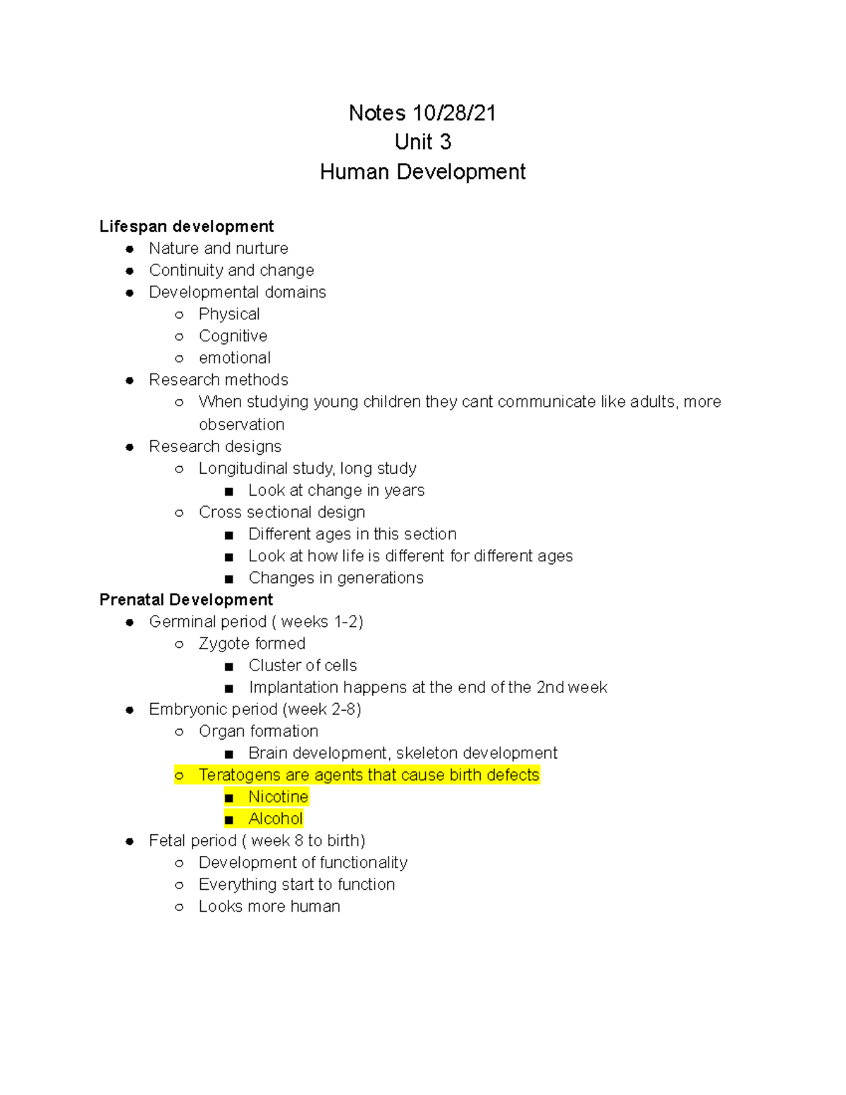 Notes 10 28 21 - Human Development - Notes 10/28/ Unit 3 Human ...