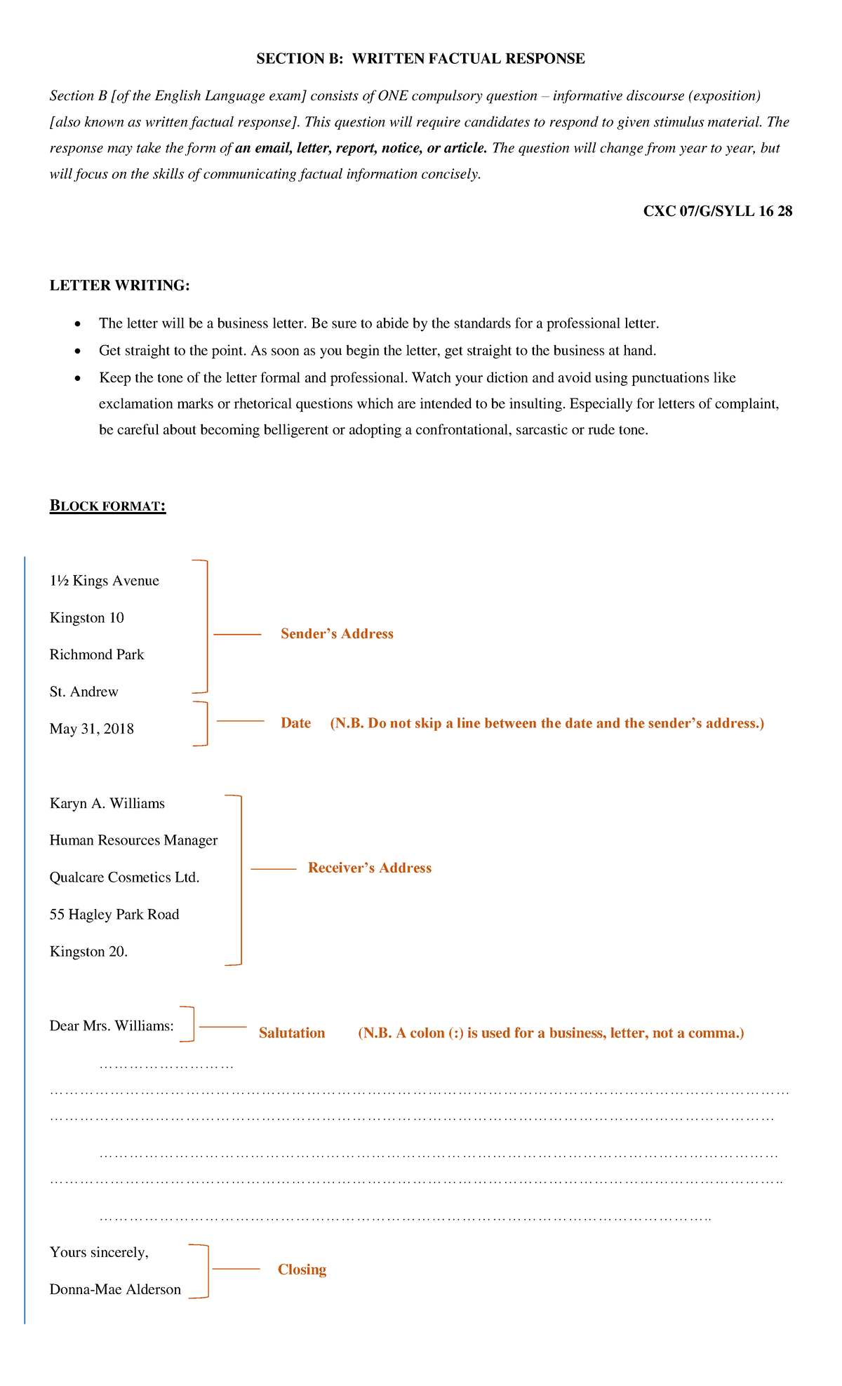 Written Factual Response Handout - SECTION B: WRITTEN FACTUAL RESPONSE ...