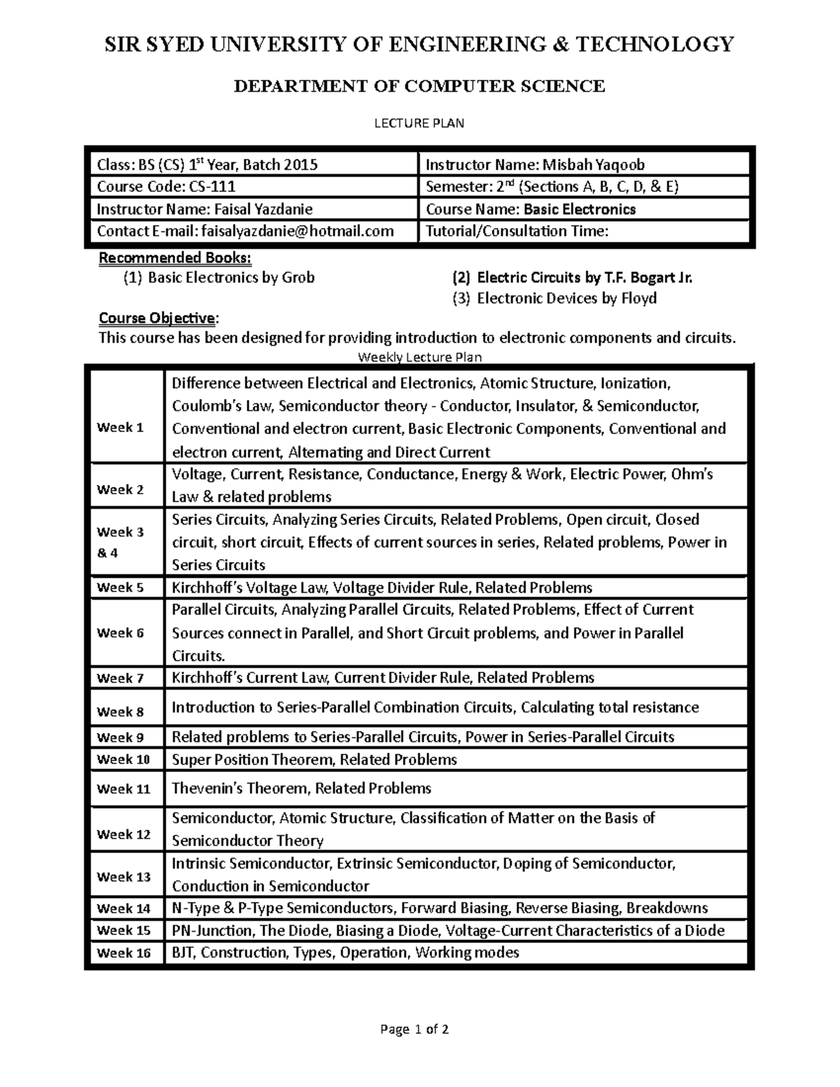2015 Basic Electronics Course Outline - SIR SYED UNIVERSITY OF ...