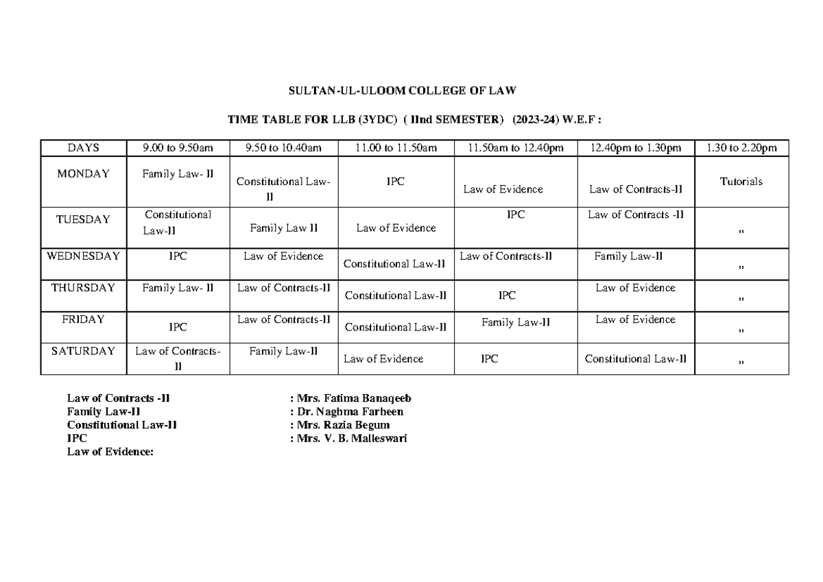 TIME Table LLB 3YDC 2nd Sem 2023-24 - SULTAN-UL-ULOOM COLLEGE OF LAW ...