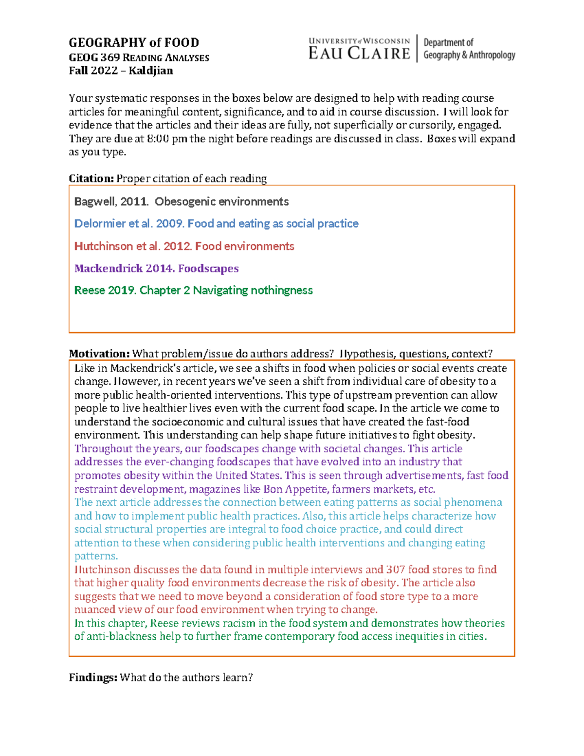 Reading Response F22-10(copy) - GEOGRAPHY of FOOD GEOG 369 READING ...